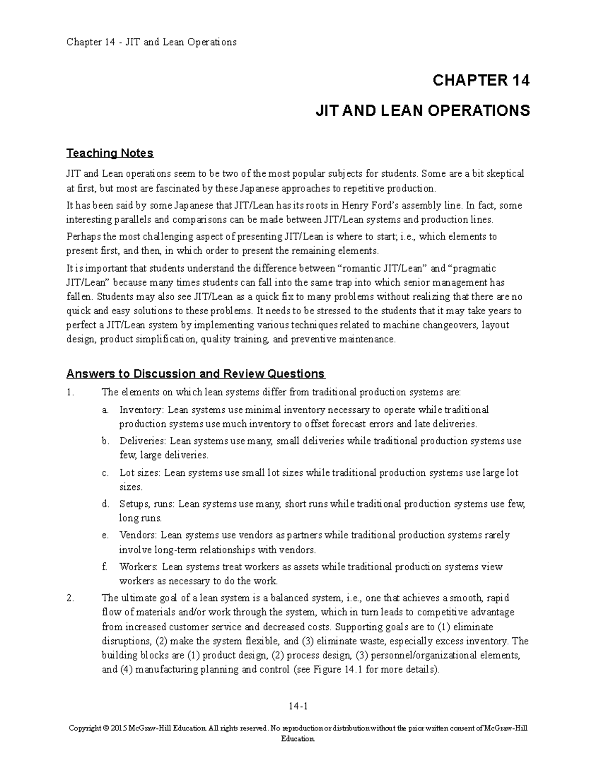 MGT 366 Chapter 14 Solutions - CHAPTER 14 JIT AND LEAN OPERATIONS ...