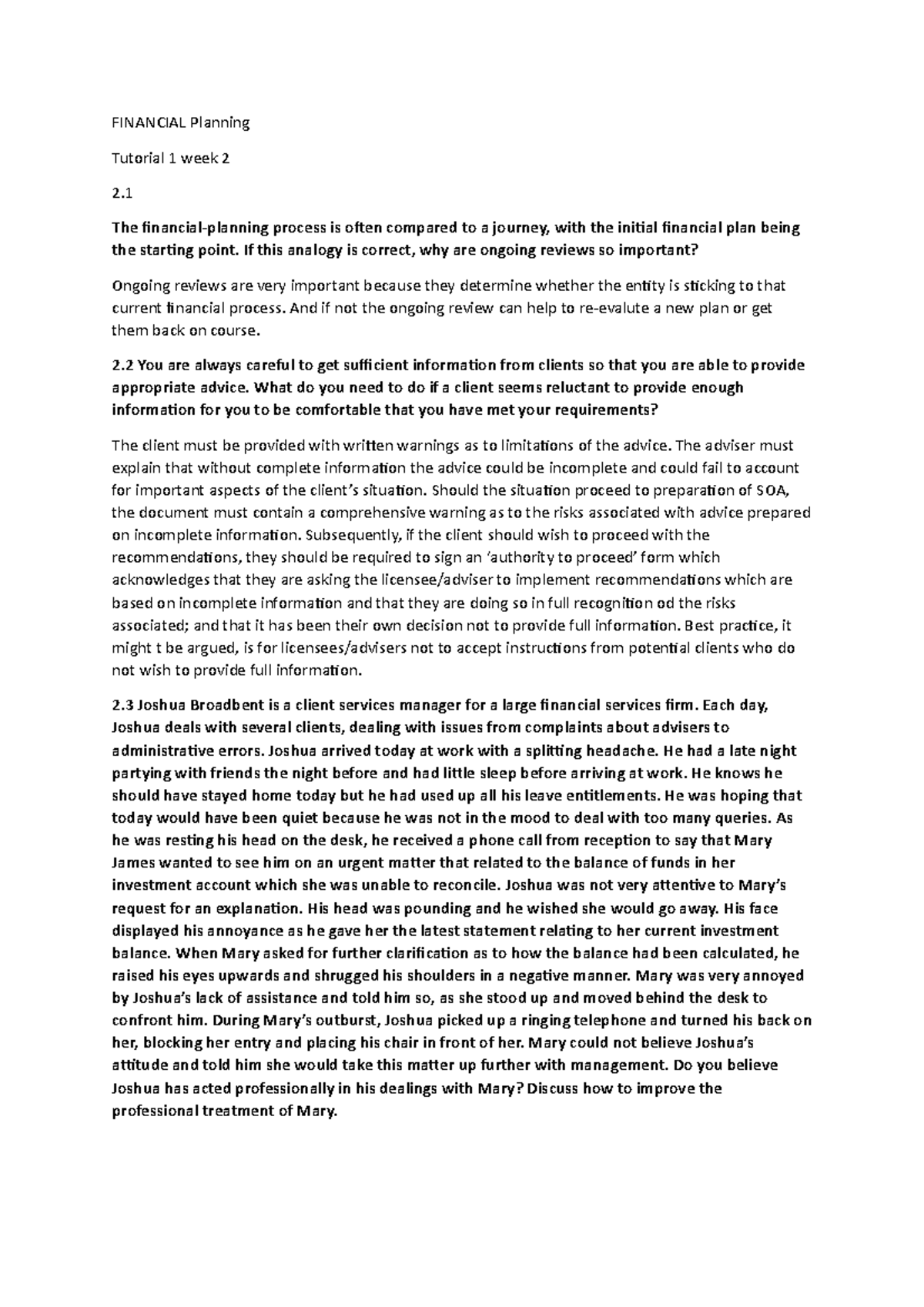 FINA2209 WEEK 2 Tutorial Questions - FINANCIAL Planning Tutorial 1 week ...