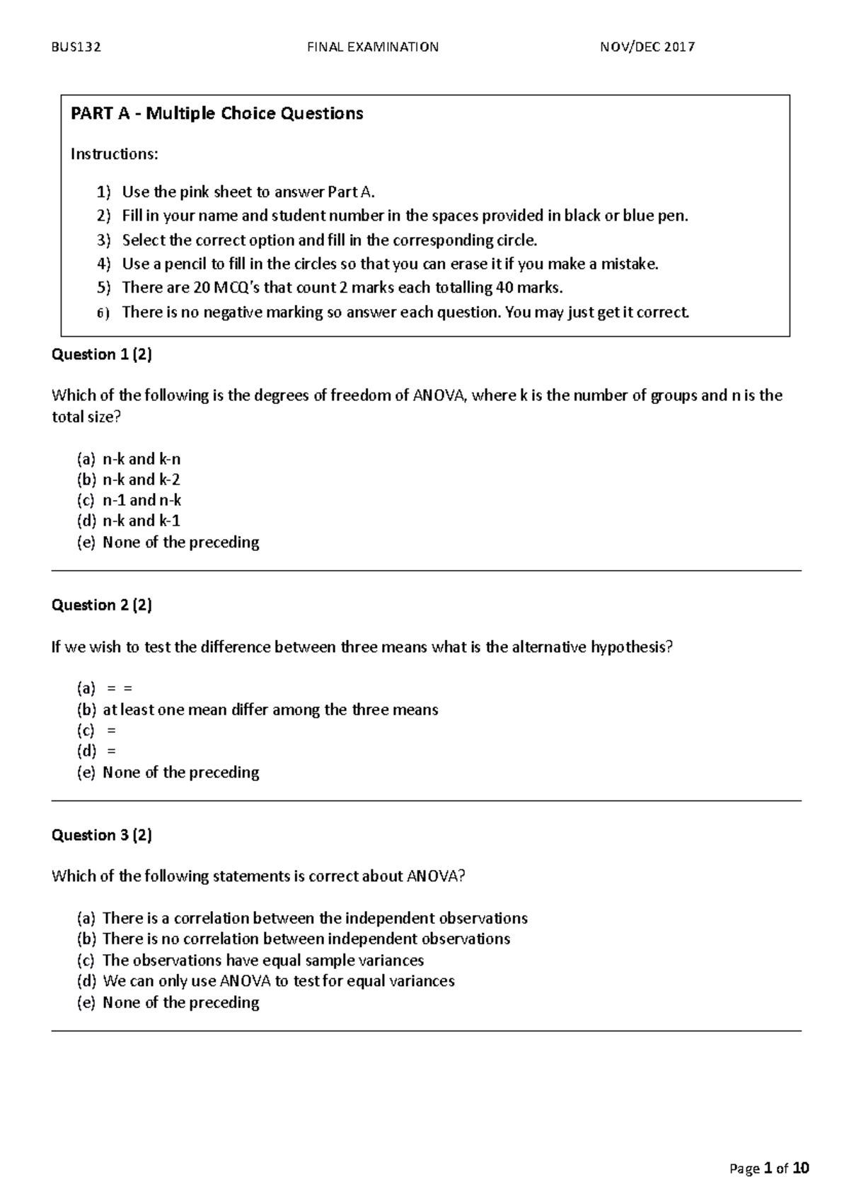 BUS132 Final Exam 2017 - past papers - Question 1 (2) Which of the ...