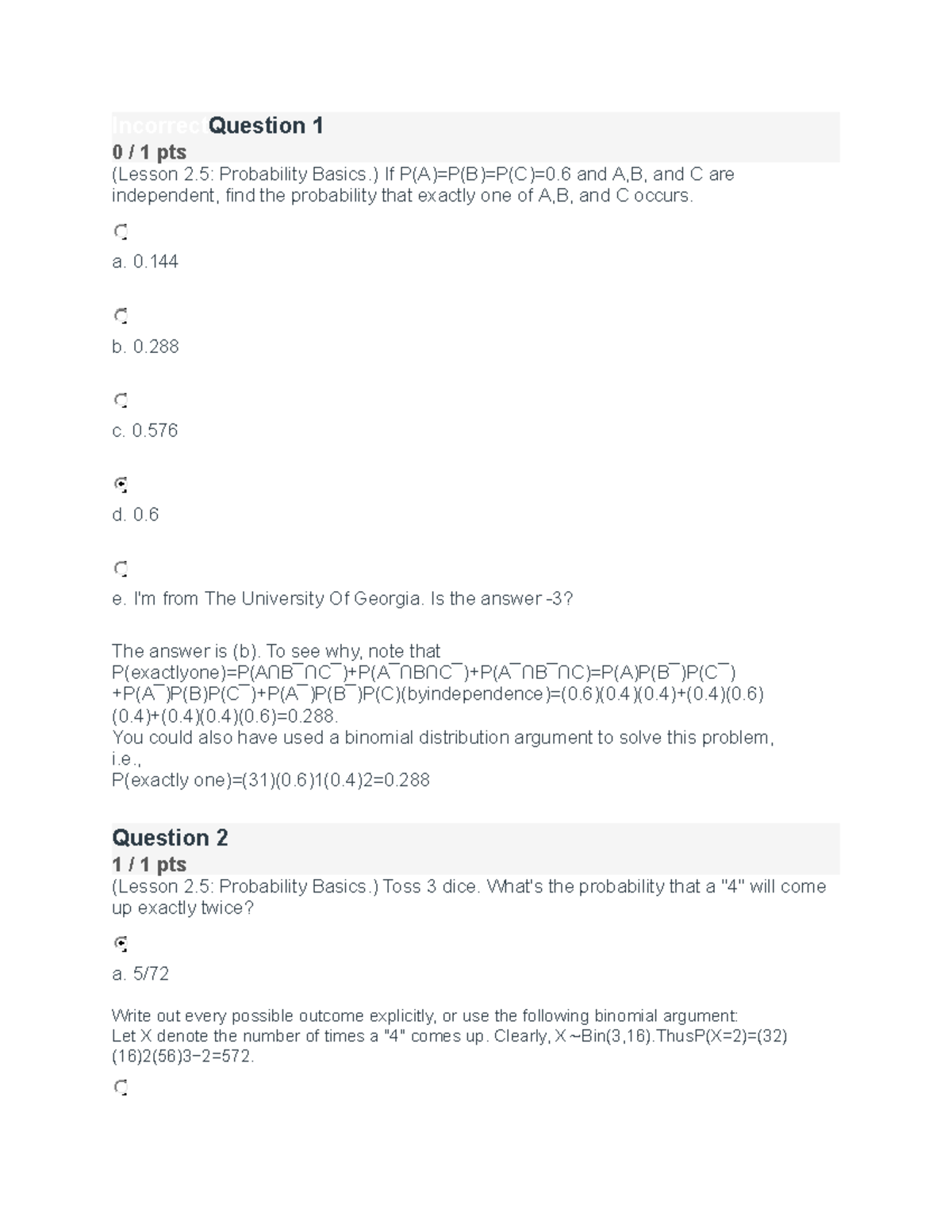 Hw sol 2 - homework - IncorrectQuestion 1 0 / 1 pts (Lesson 2: Probability Basics.) If - Studocu