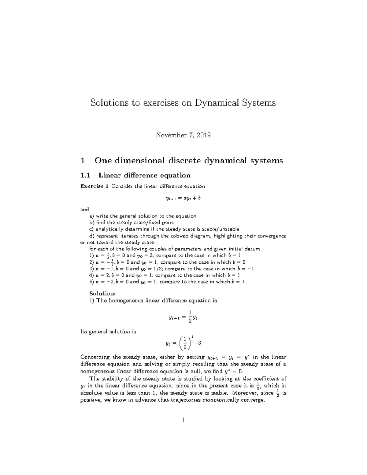 Discrete Dynamic Systems - Solution Exercises - Solutions to exercises on Dynamical Systems ...