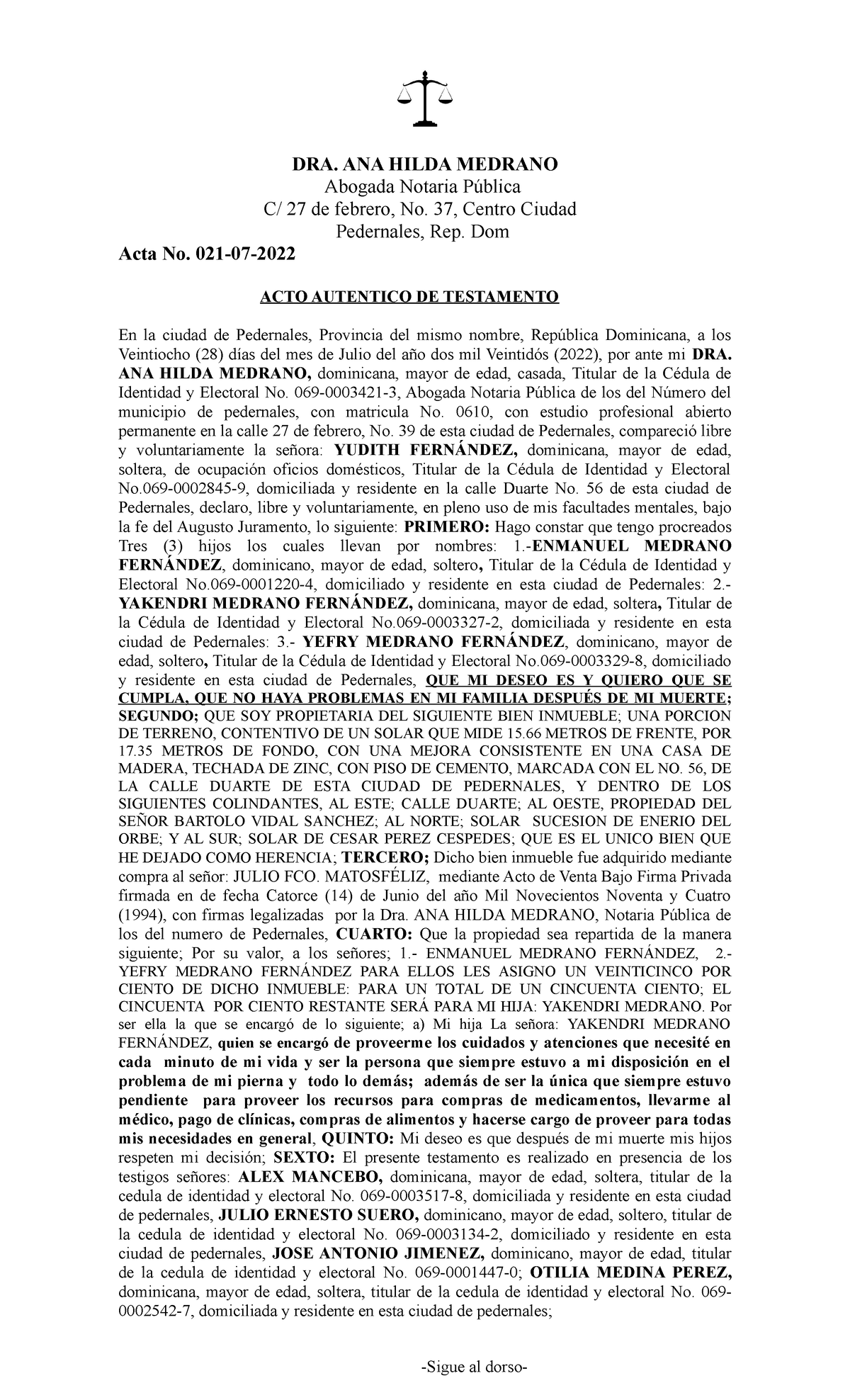 Acto Autentico de Testamento - DRA. ANA HILDA MEDRANO Abogada Notaria ...