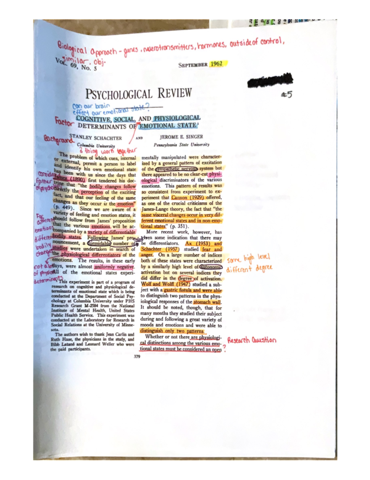 Biological Psych Schachter-Singer Annotations - Studocu