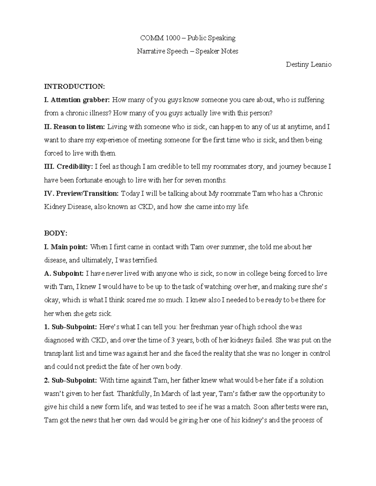 Narrative Speech Speaker Notes Outline - COMM 1000 – Public Speaking ...