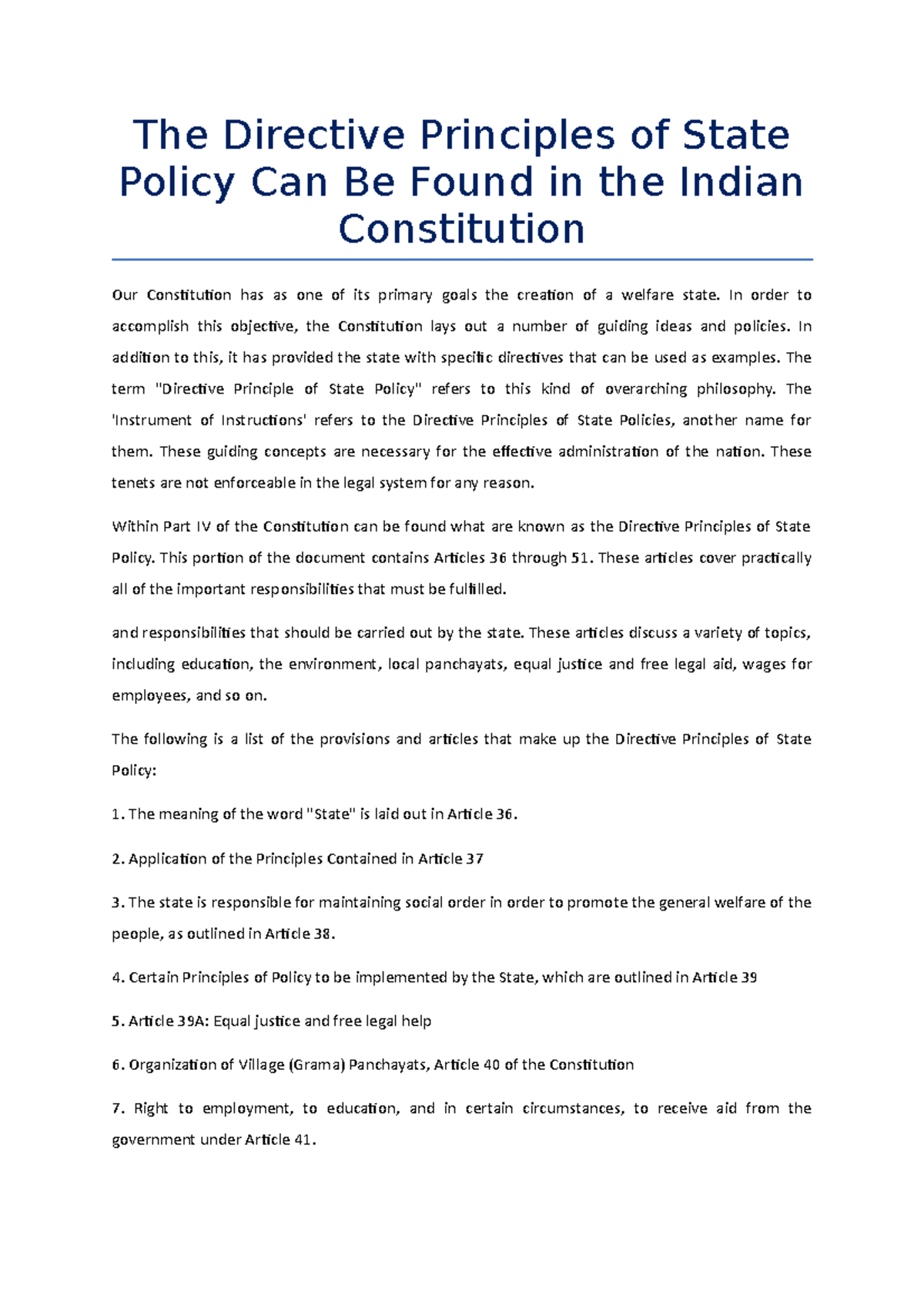 The Directive Principles of State Policy Can Be Found in the Indian ...