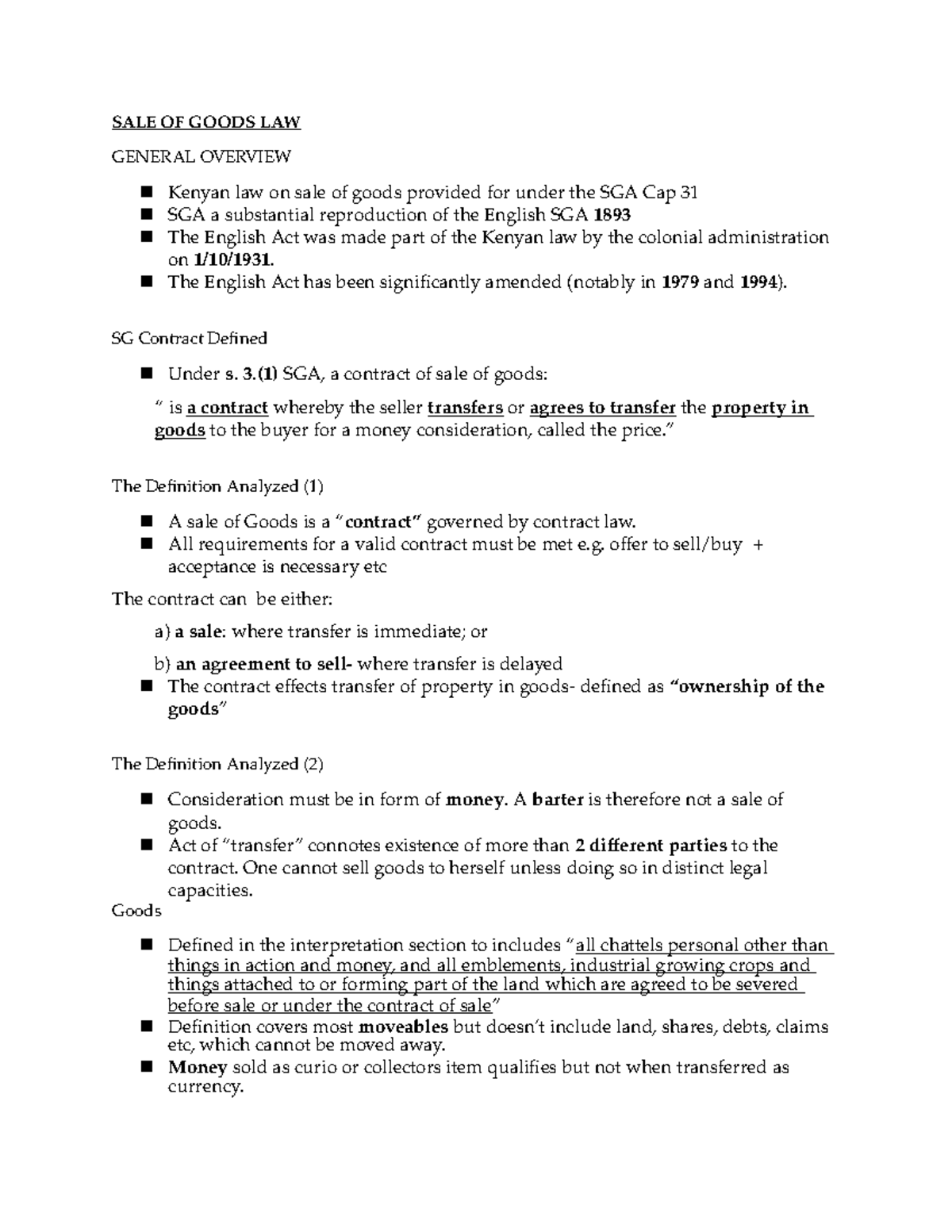 SALE OF Goods LAW 2019 - Lecture notes 1 - SALE OF GOODS LAW GENERAL ...