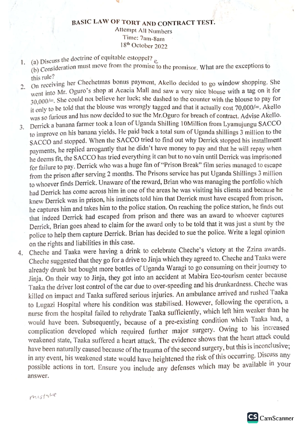 Tort test questions - Bachelor of Laws - CamScanner - Studocu