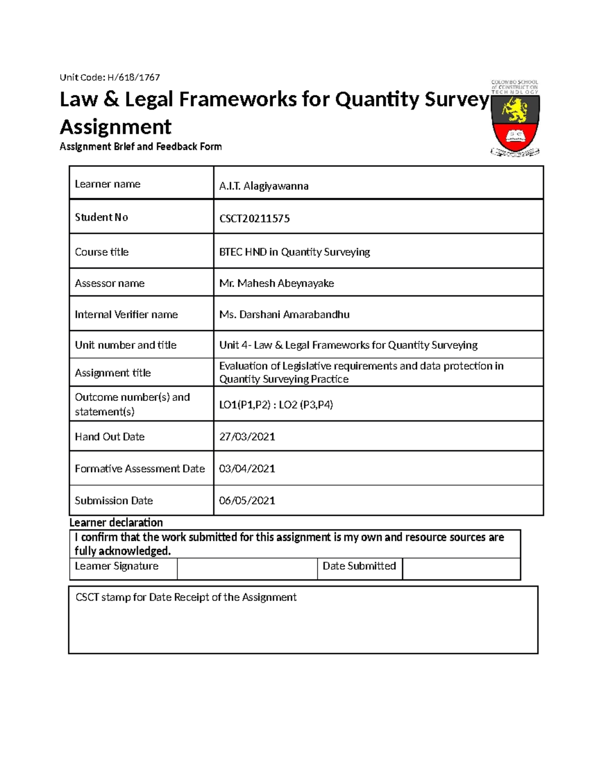 Law and Legal Framework Assignment (QS)- S1 2021 (1)-new - Unit Code: H ...