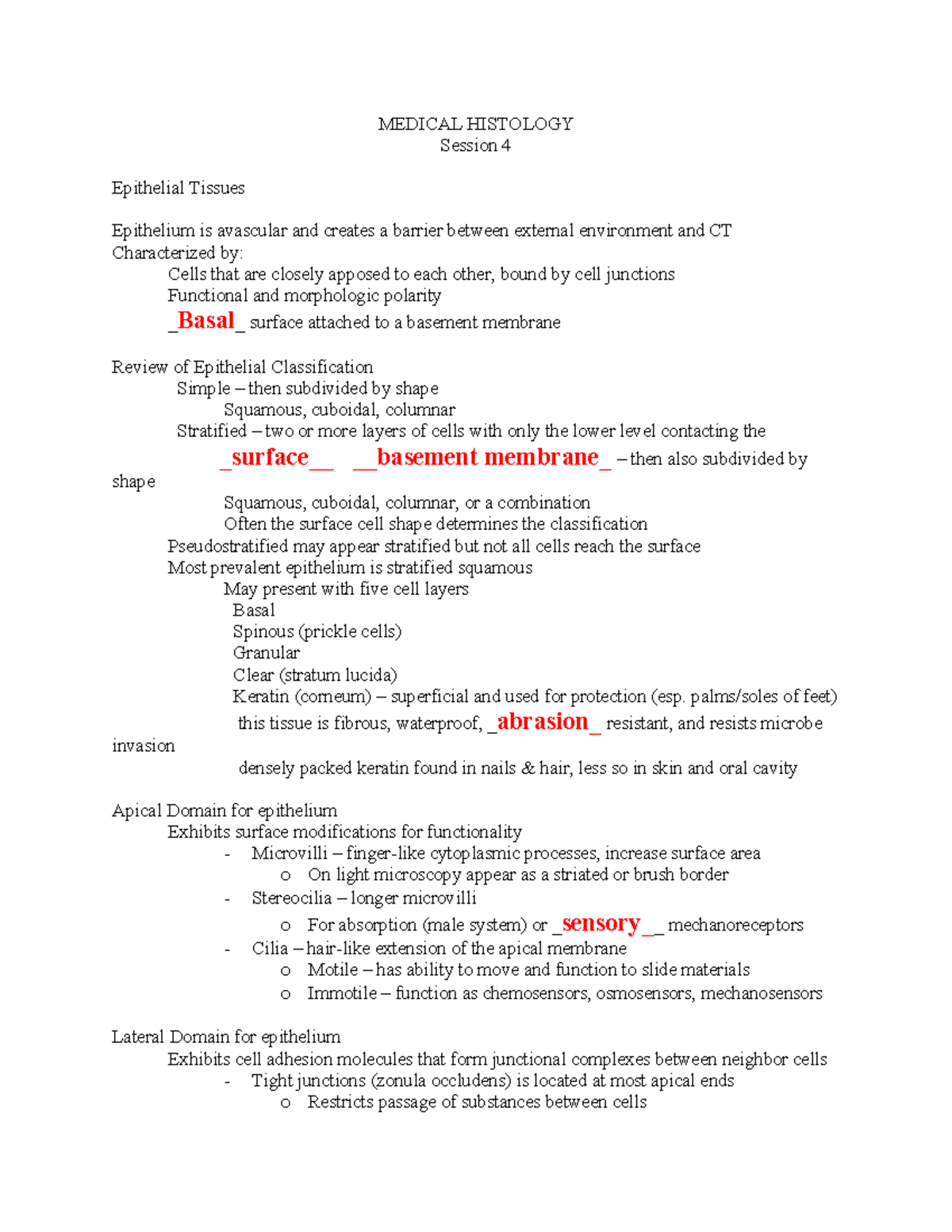 Backup of Medical Histology Session 4 ( Student Class Notes) Edited ...