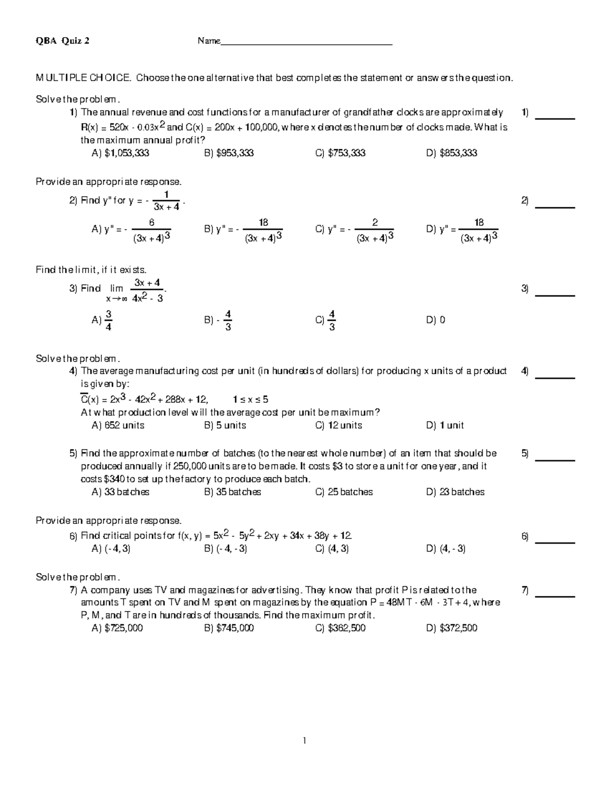 QBA Quiz 2, questions and answers - QBA Quiz 2 MULTIPLE CHOICE. Choose ...