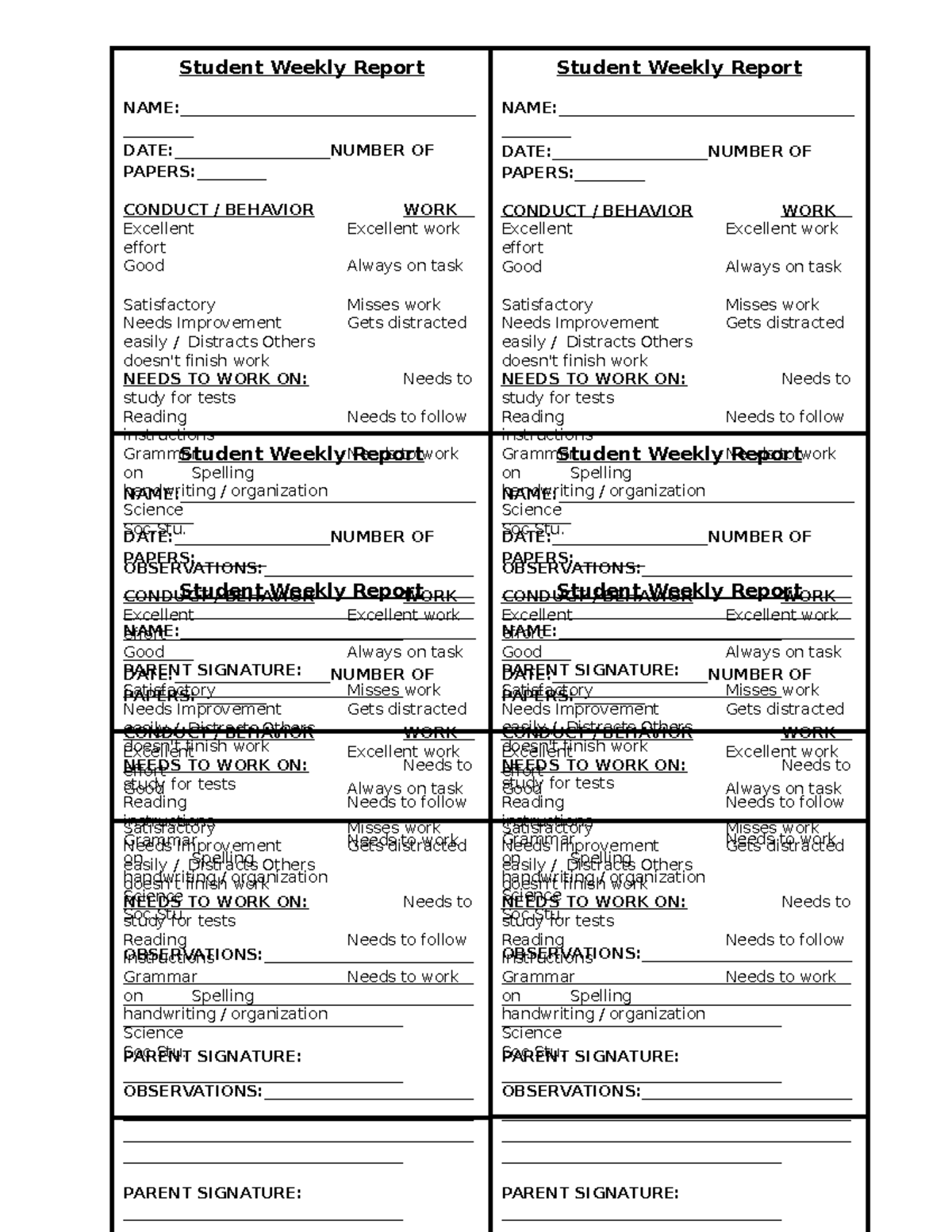 Student Weekly Report - Student Weekly Report NAME