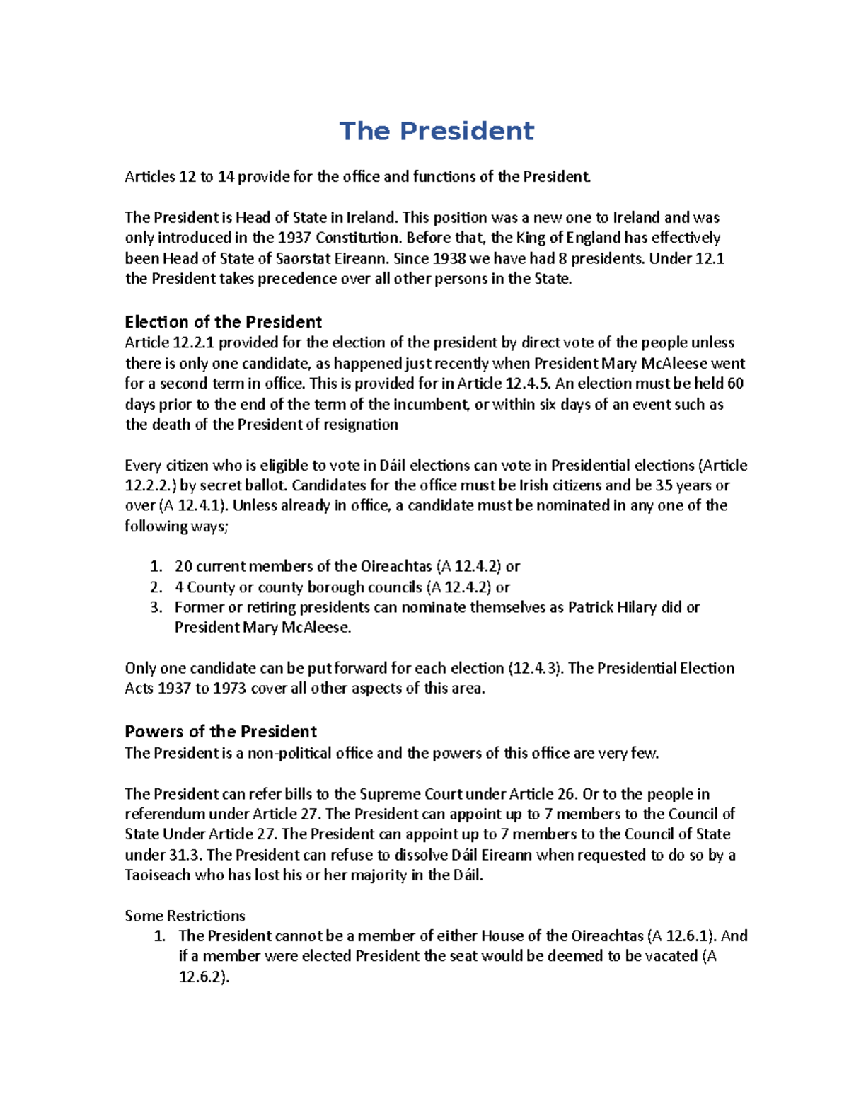 T13 The President - notes - The President Articles 12 to 14 provide for ...