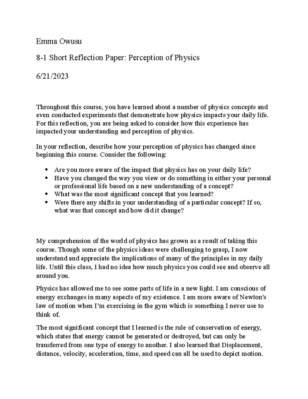 8-1 Reflection Paper- Perception OF Physics - Emma Owusu 8-1 Short ...