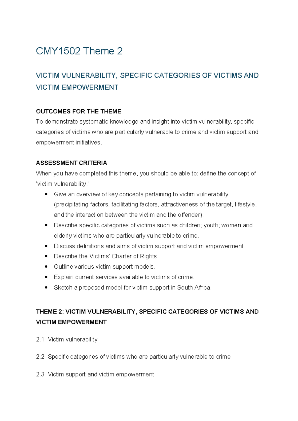 CMY1502 Theme 2 - ASSESSMENT CRITERIA When you have completed this ...
