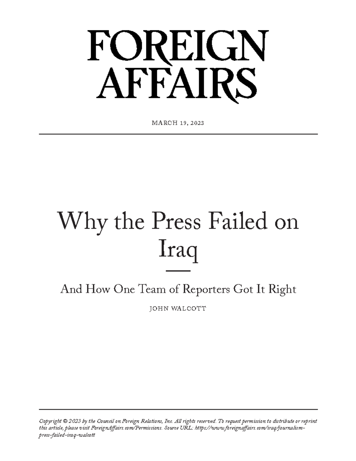 WHY THE Press Failed ON IRAQ Foreign Affairs - MARCH 19, 2023 Why the ...