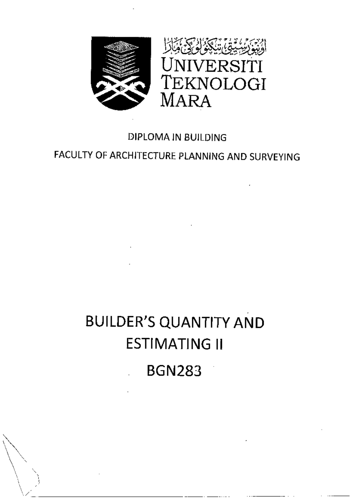 Builder Quantities And Estimating BGN283 Module - Diploma in Building ...