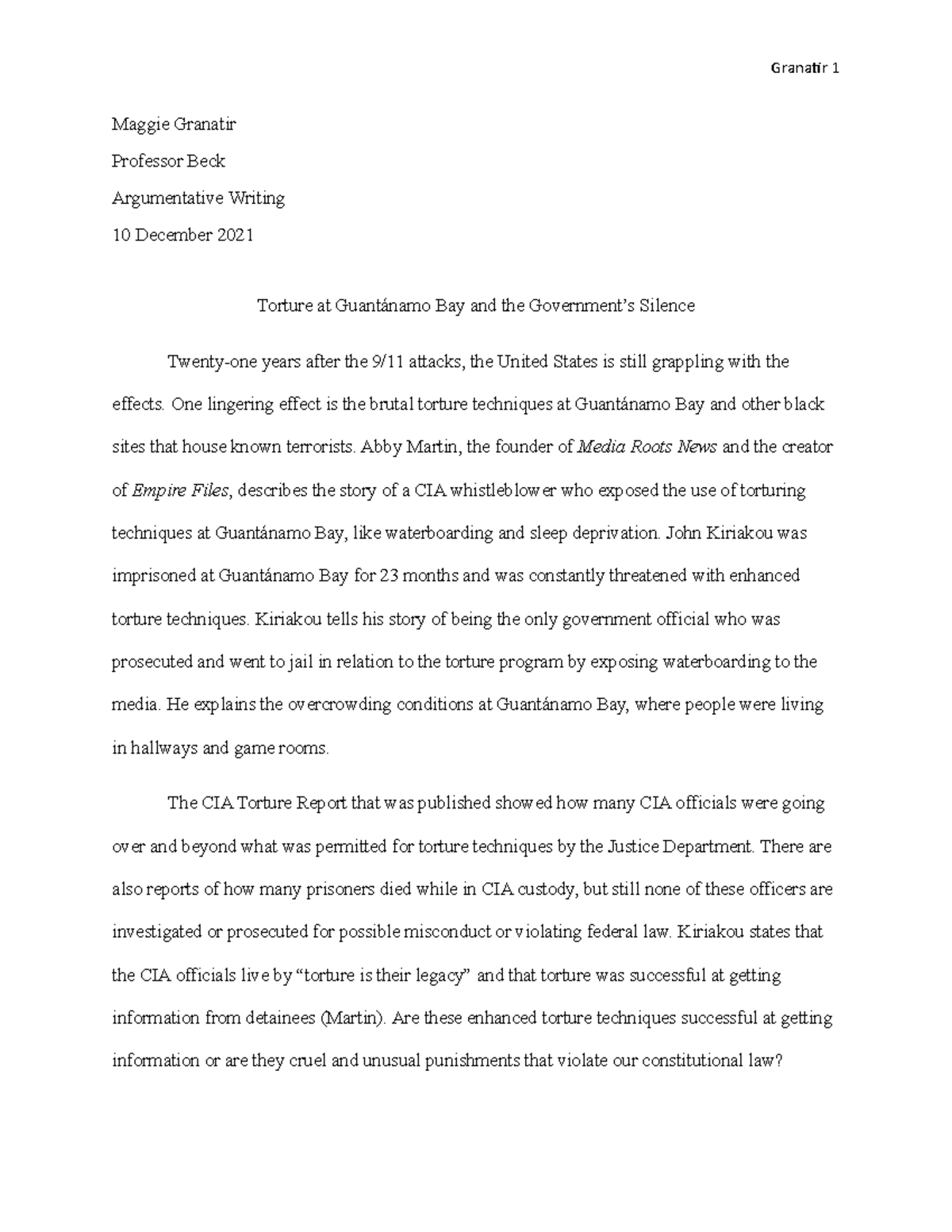 Final paper example F 21 - Maggie Granatir Professor Beck Argumentative ...