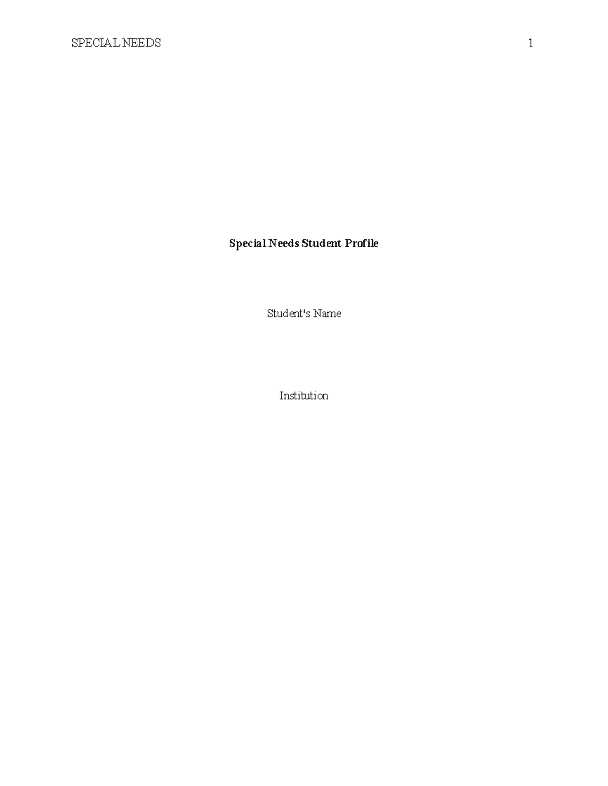 Special Needs Student Profile - Special Needs Student Profile Student's ...