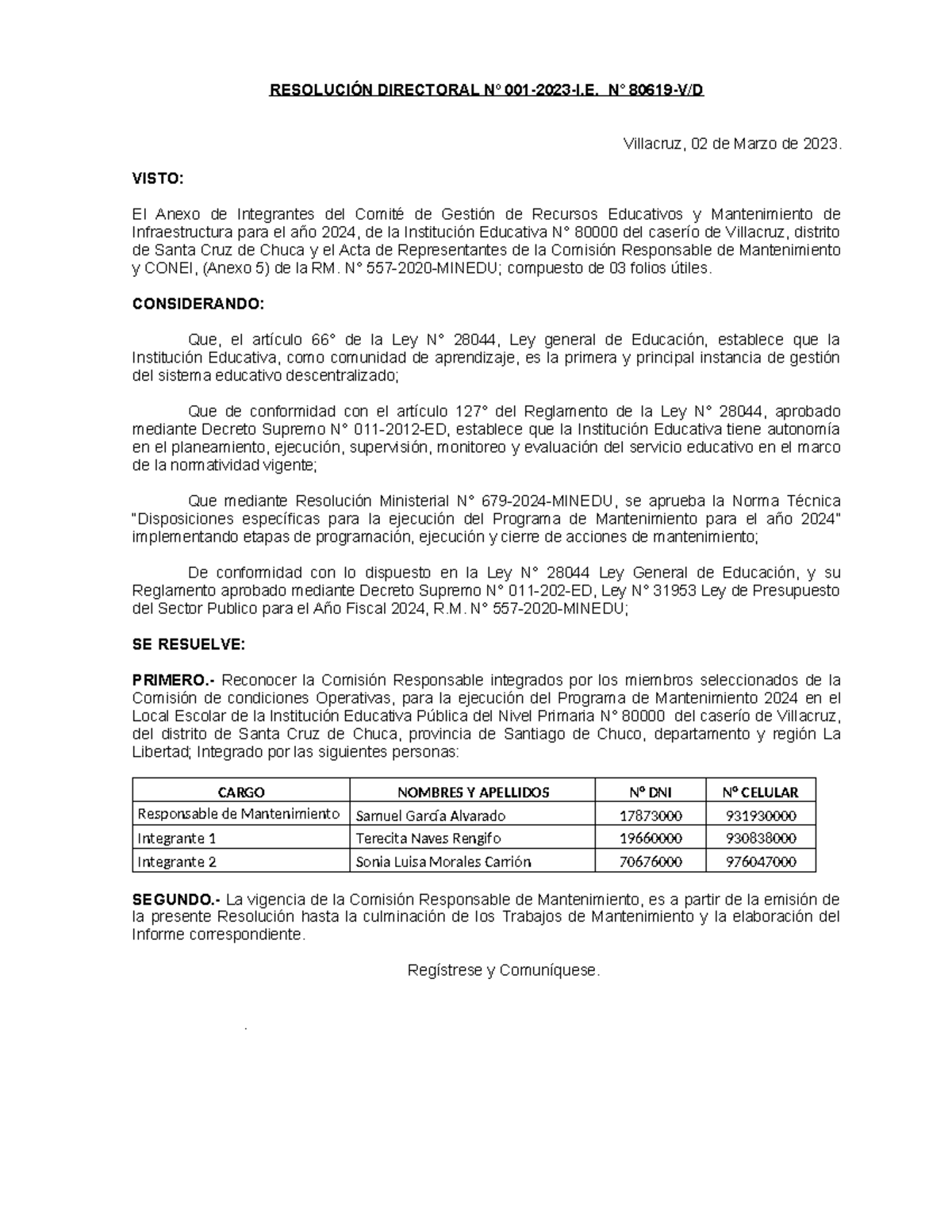 Modelo DE R.D. Mantenimiento 2024 - RESOLUCIÓN DIRECTORAL Nº 001-2023-I. N° 80619-V/D Villacruz ...