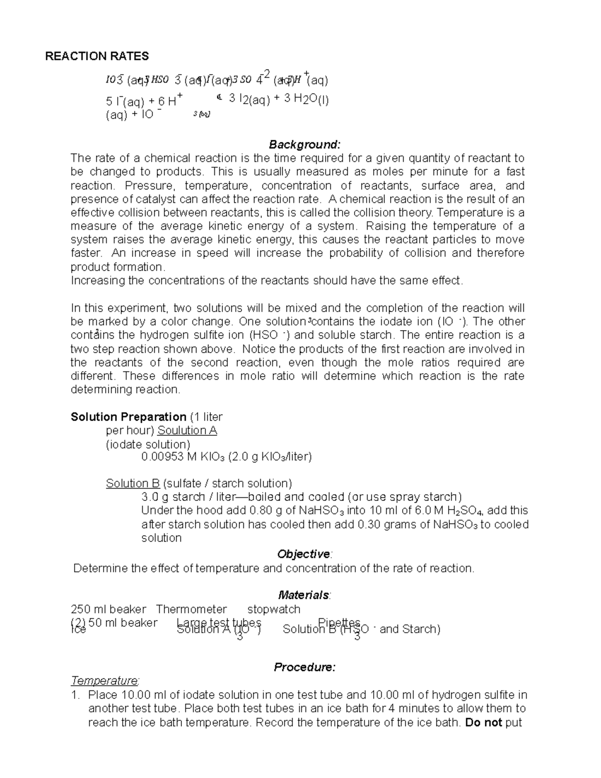 Reaction Rates - REACTION RATES -2 + 3 (aq) 3 (aq) (aq) 4 (aq) (aq) 5 I ...