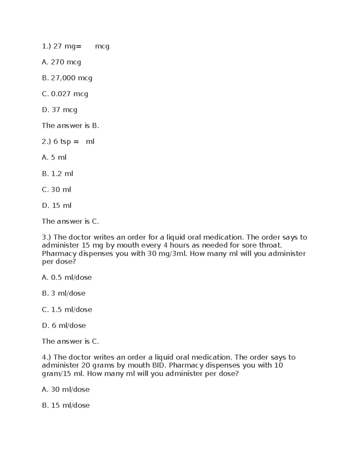 Answer sheet A - 1.) 27 mg= mcg A. 270 mcg B. 27,000 mcg C. 0 mcg D. 37 ...