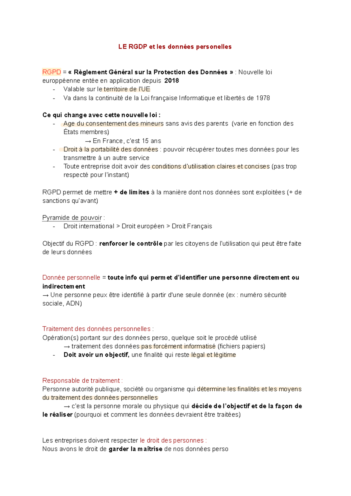 Fiches Droit du numérique RGPD - LE RGDP et les données personelles ...