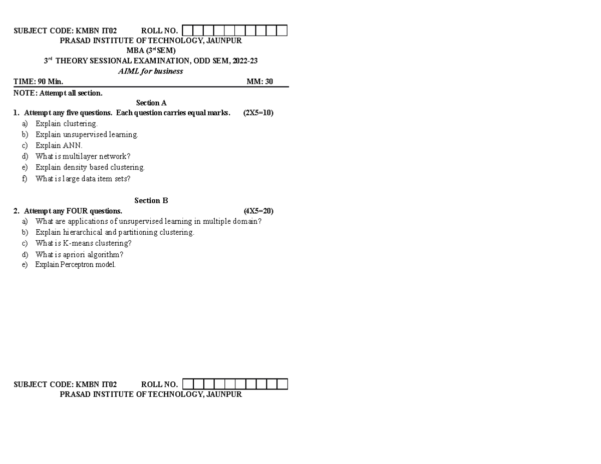 KMBN IT02 AIML 3rd sessional - SUBJECT CODE: KMBN IT02 ROLL NO. PRASAD INSTITUTE OF TECHNOLOGY ...