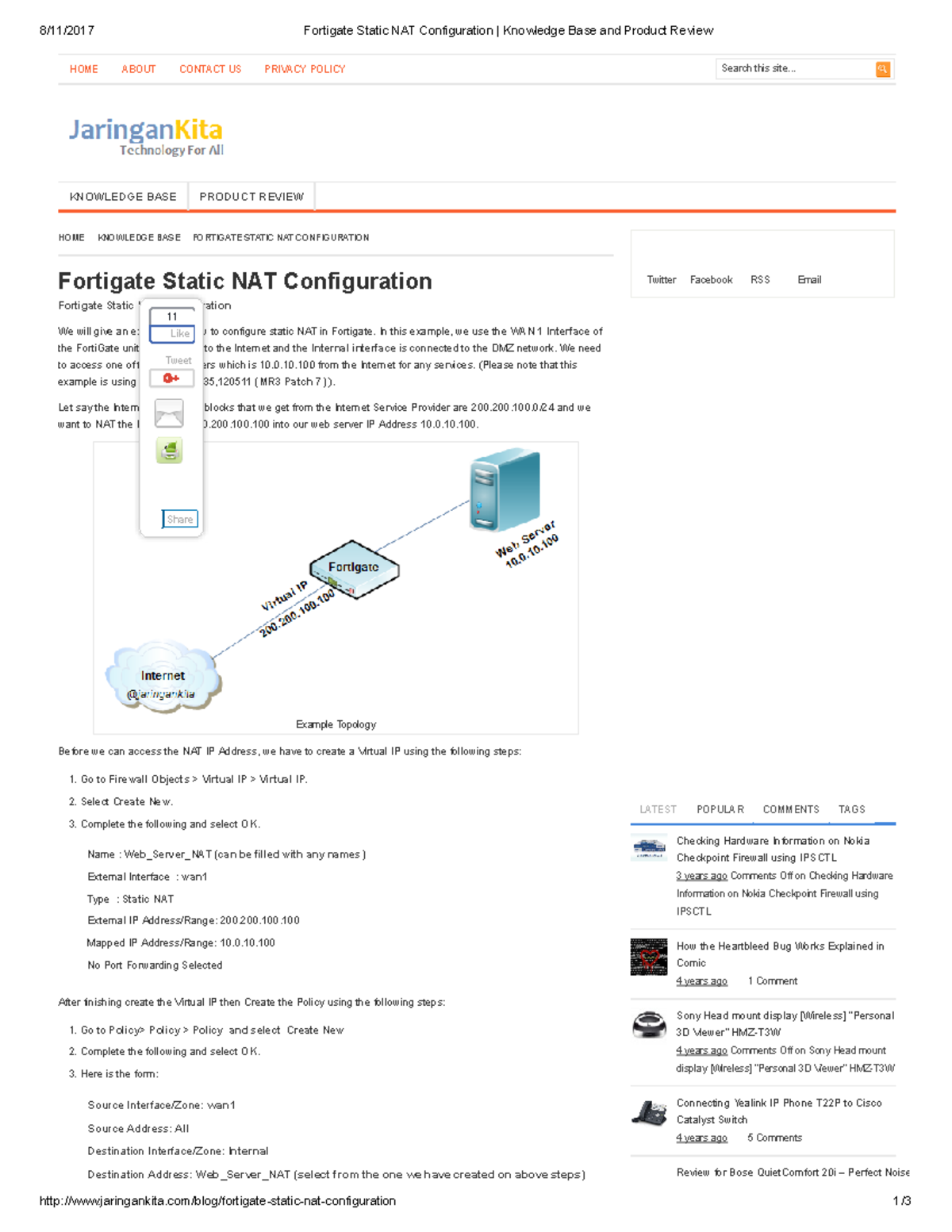 Fortigate Static NAT - .. HOME KNOWLEDGE BASE FORTIGATE STATIC NAT ...