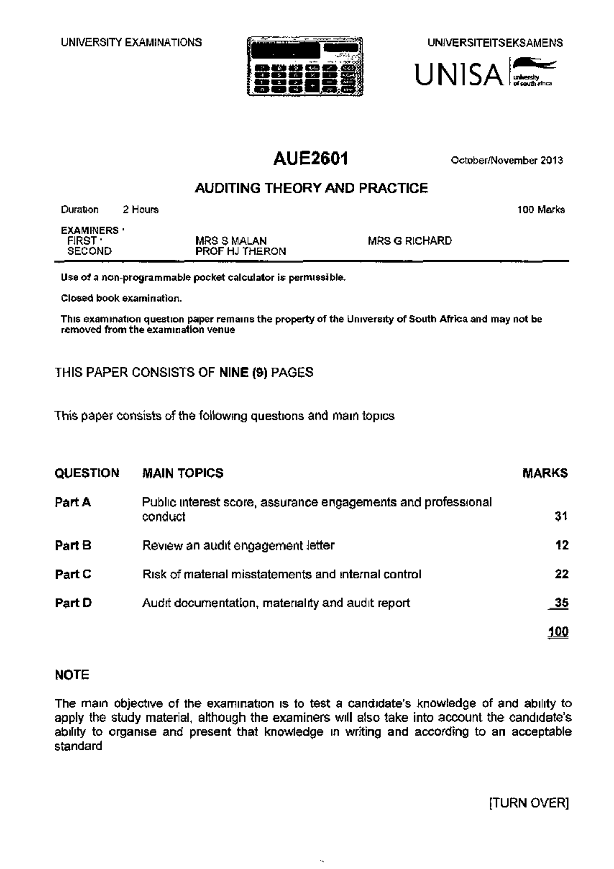 AUE2601 2013 10 Exam - EXAM - FAC2601 - Unisa - Studocu