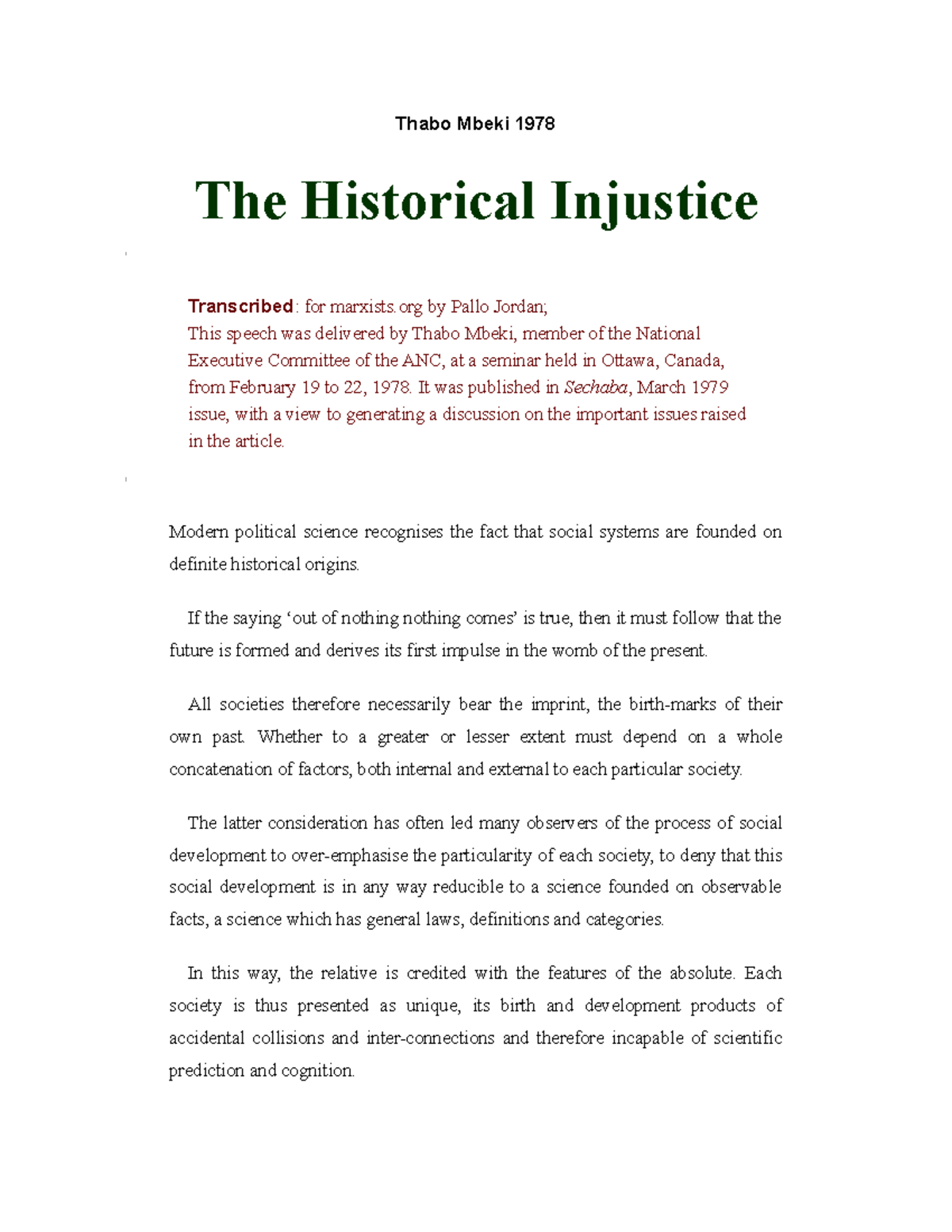 Thabo Mbeki 1978 Historical Injustice - Thabo Mbeki 1978 The Historical ...