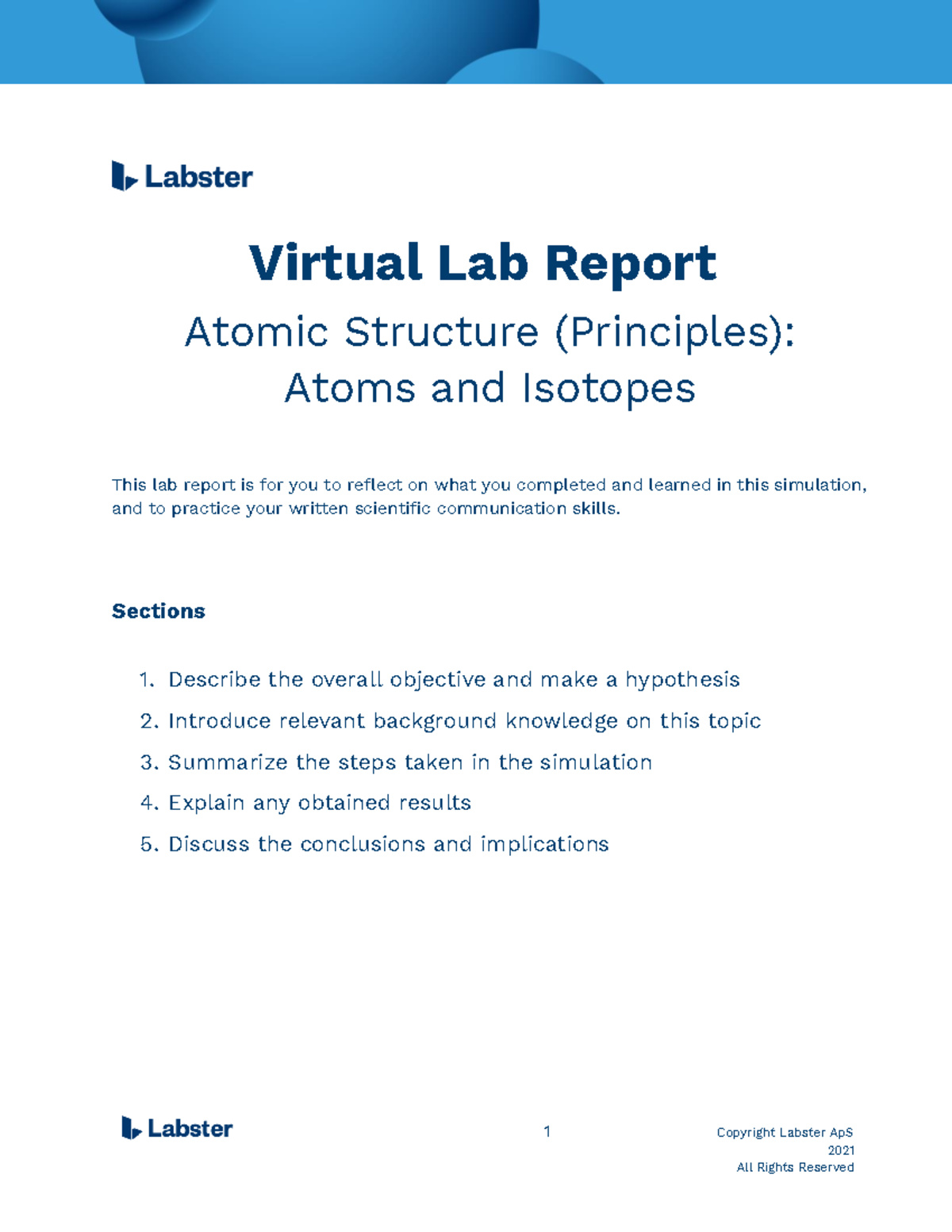 Atomic Struct. Atoms Isotopes Lab MT - 1 Copyright Labster ApS 2021 ...