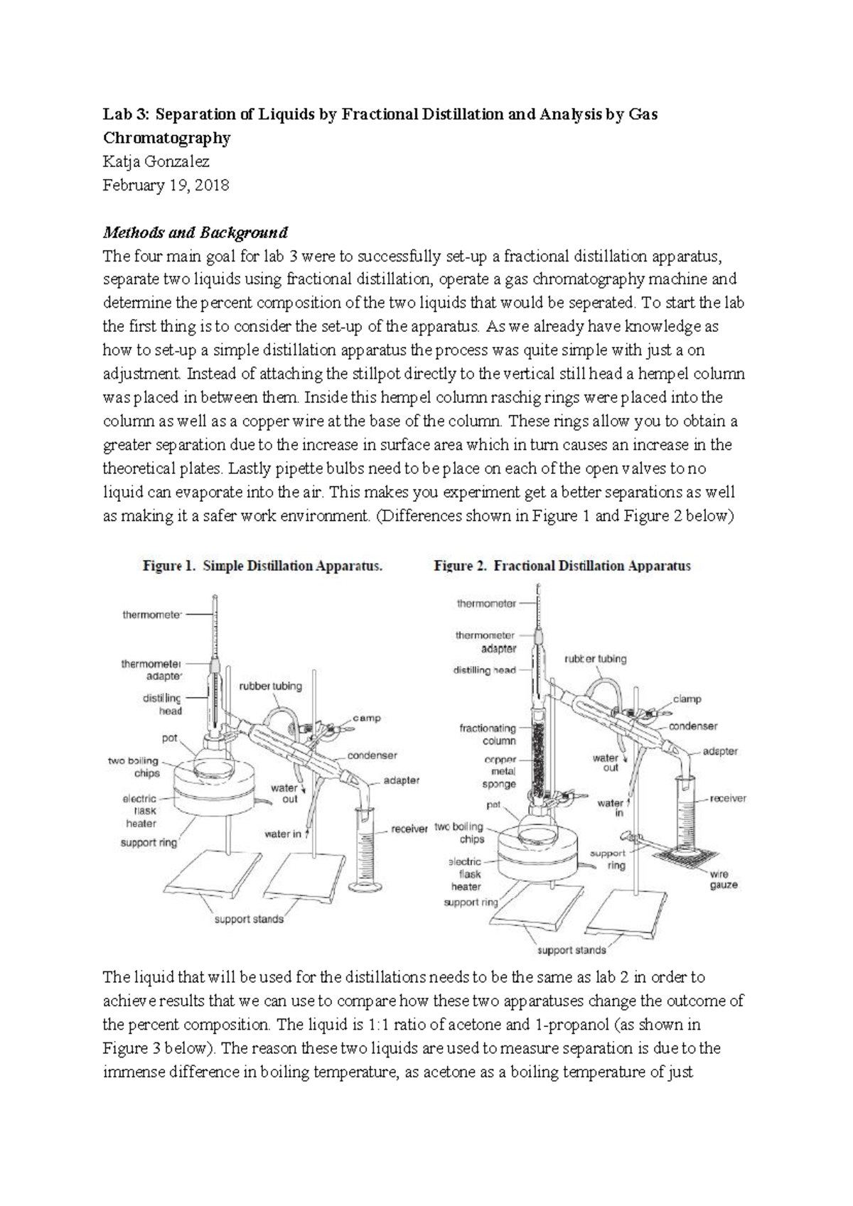 Gonzalez Lab 3 Fractional Distillation - Lab 3: Separation of Liquids ...