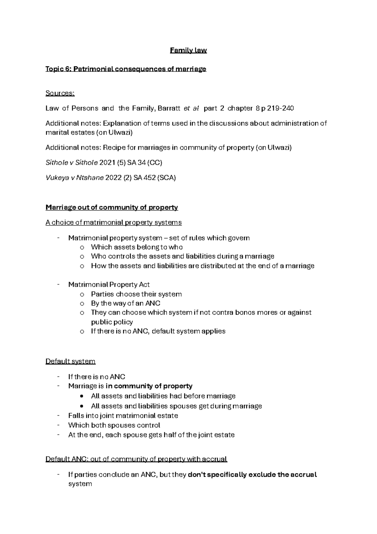 Family law sm2 - topic 6 - Family law Topic 6: Patrimonial consequences ...