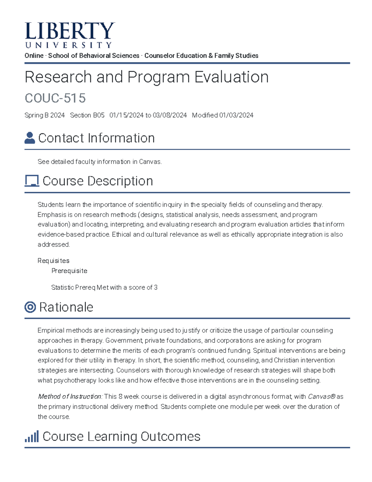 Research and Program Evaluation COUC 515 Spring B 2024 - Contact ...