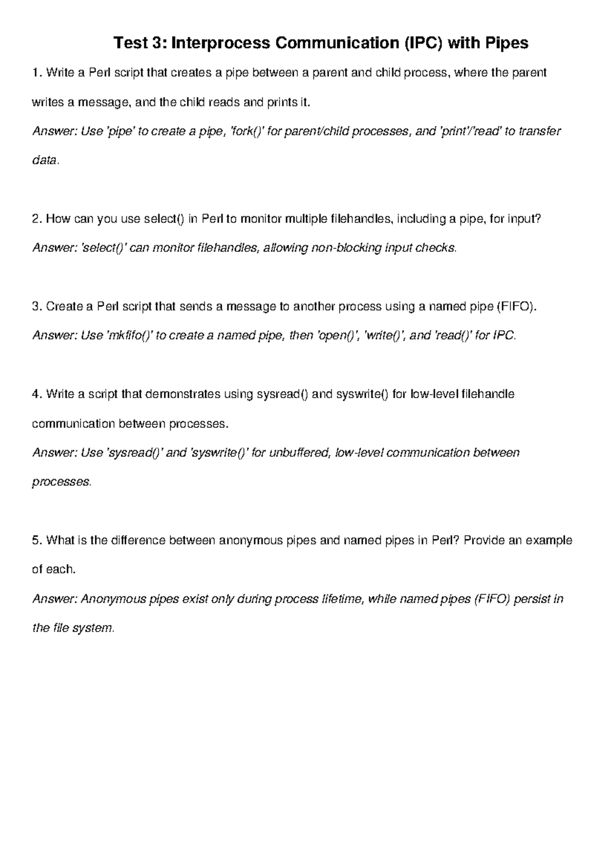 Test 3 Interprocess Communication Ipc With Pipes Answer Use Pipe To Create A Pipe Fork