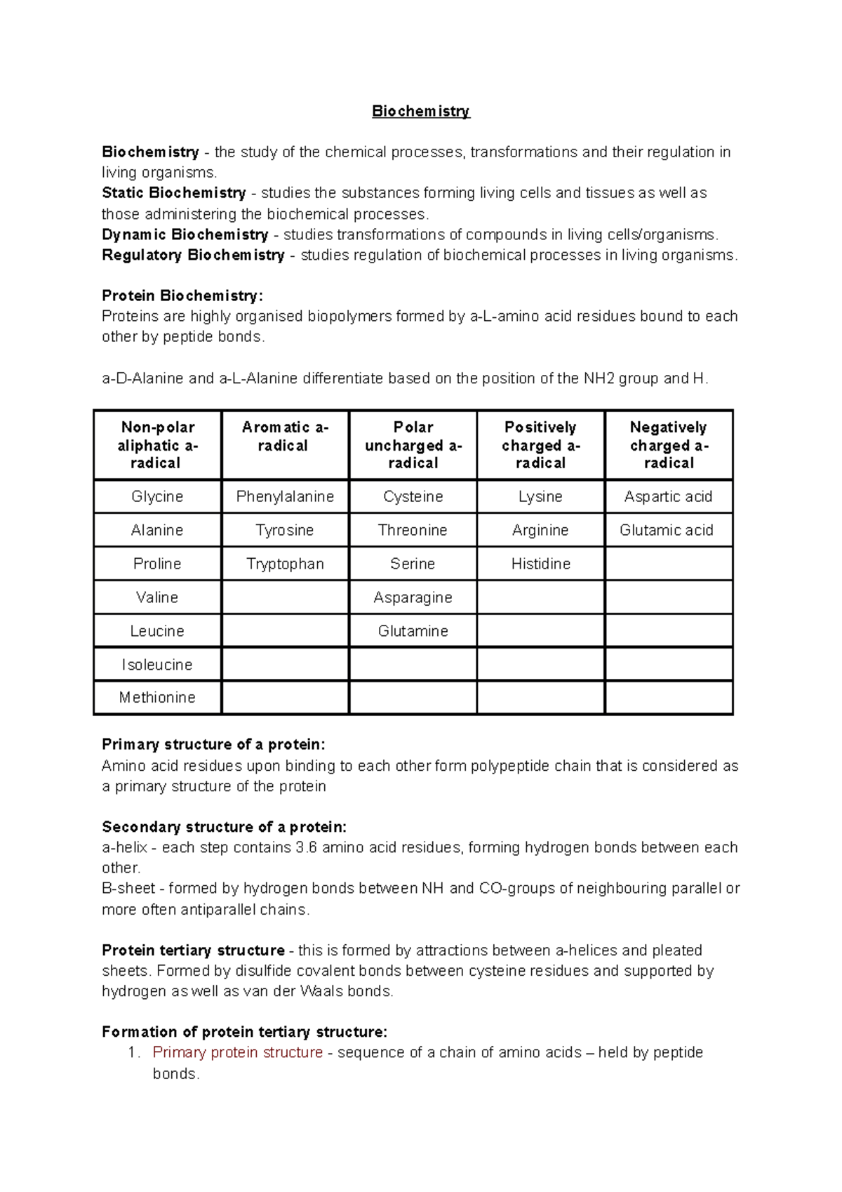 Proteins and Enzymes - Biochemistry Biochemistry - the study of the ...