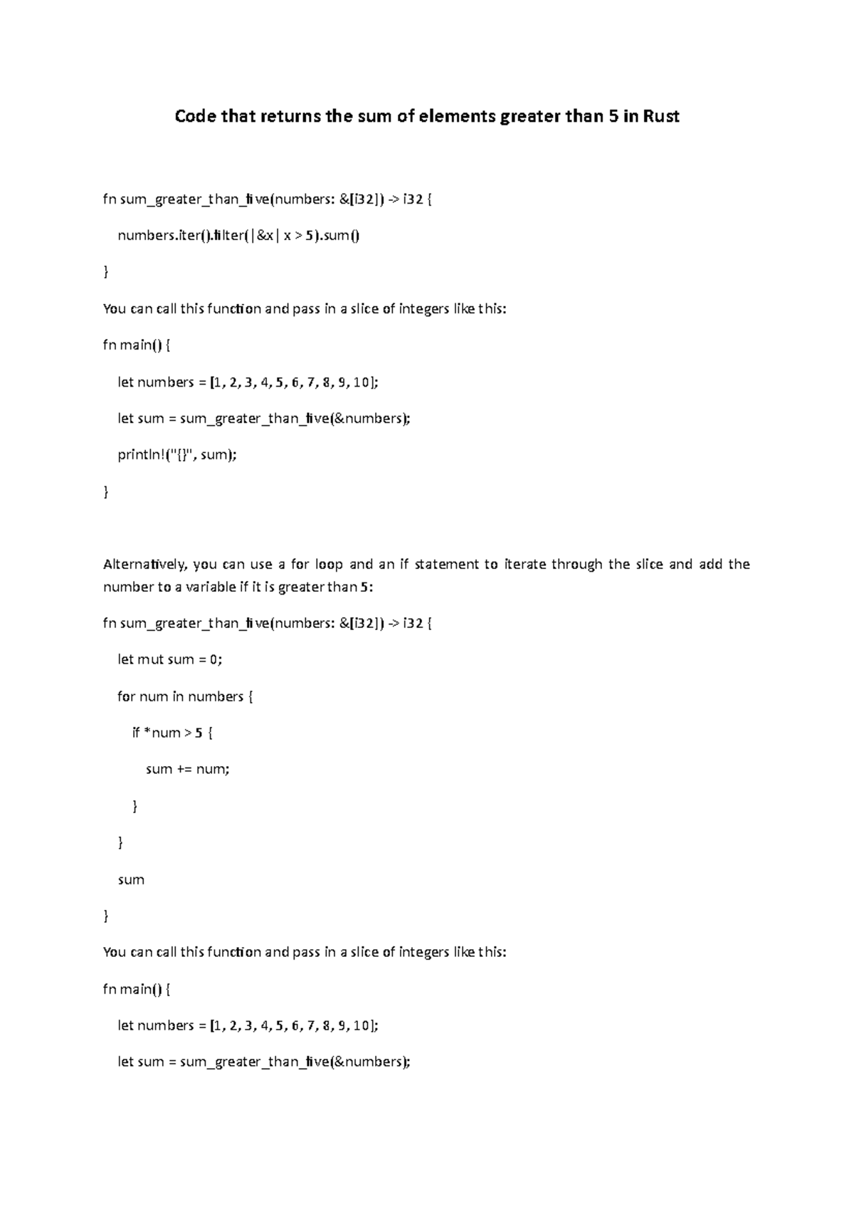 Code that returns the sum of elements greater than 5 in Rust - filter(|&x| x > 5).sum() } You ...