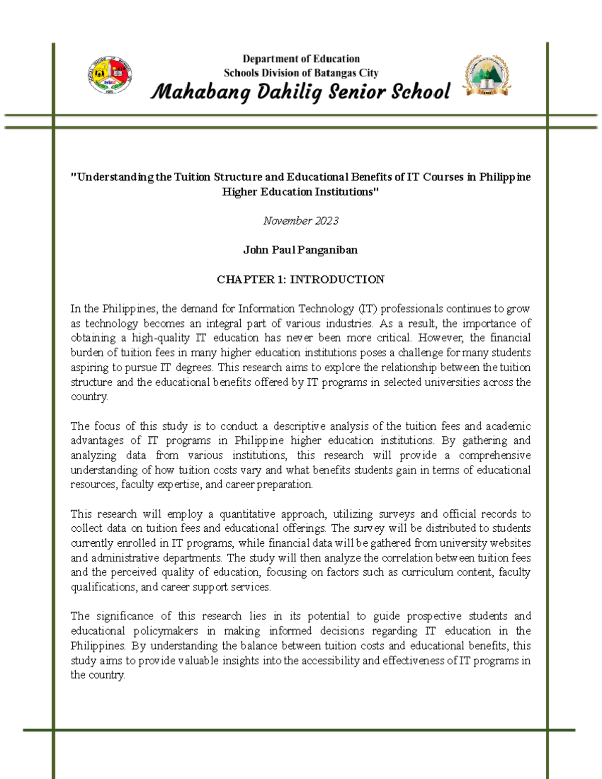 Research paper 1 - "Understanding the Tuition Structure and Educational ...