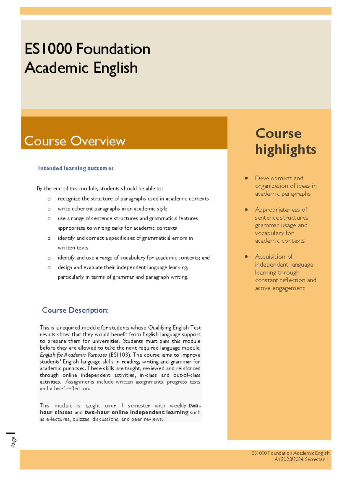 Course Overview AY2324 Sem 1v2 - ES1000 Foundation Academic English ...