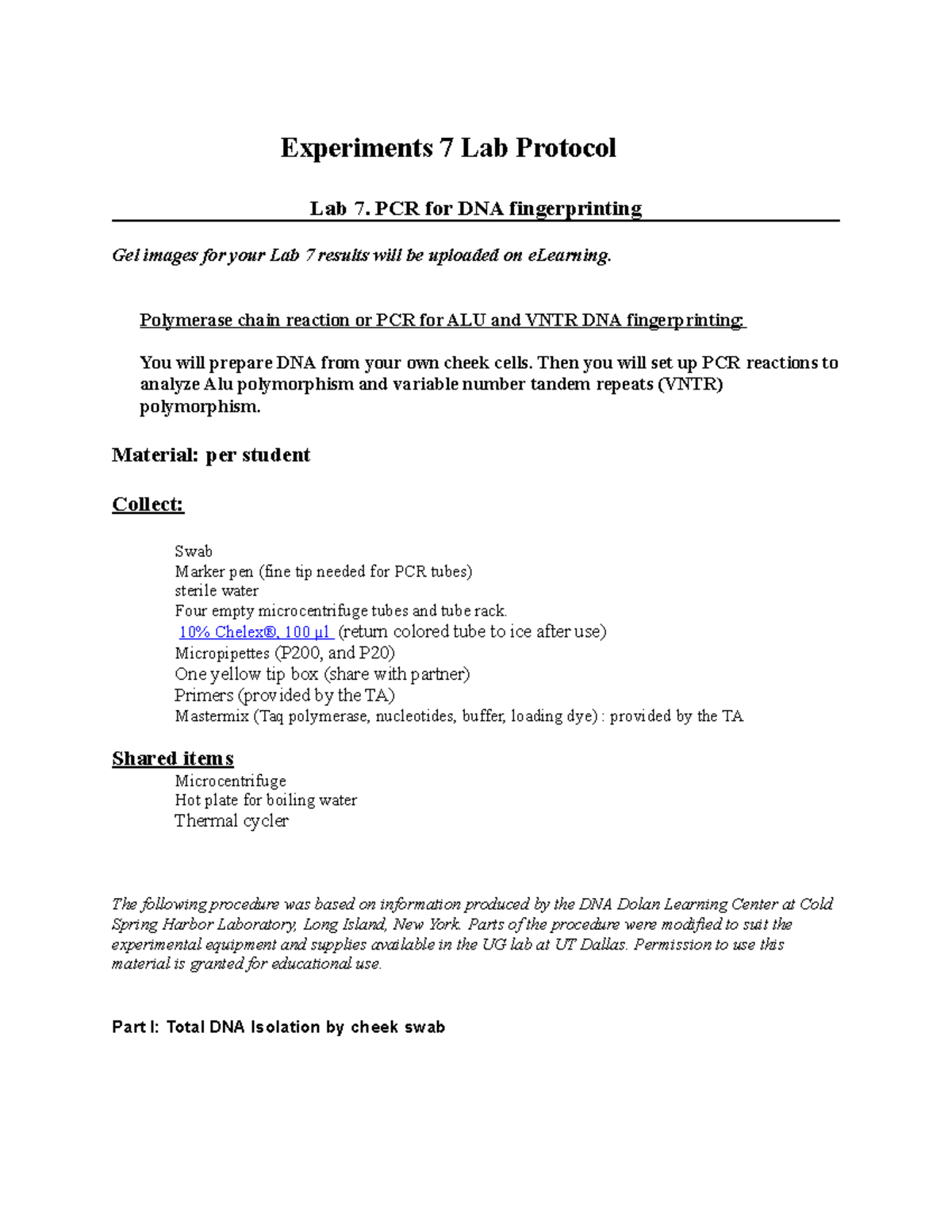 BIOL 4380_ Lab Experiement 7 Protocol PCR S22 - Experiments 7 Lab ...