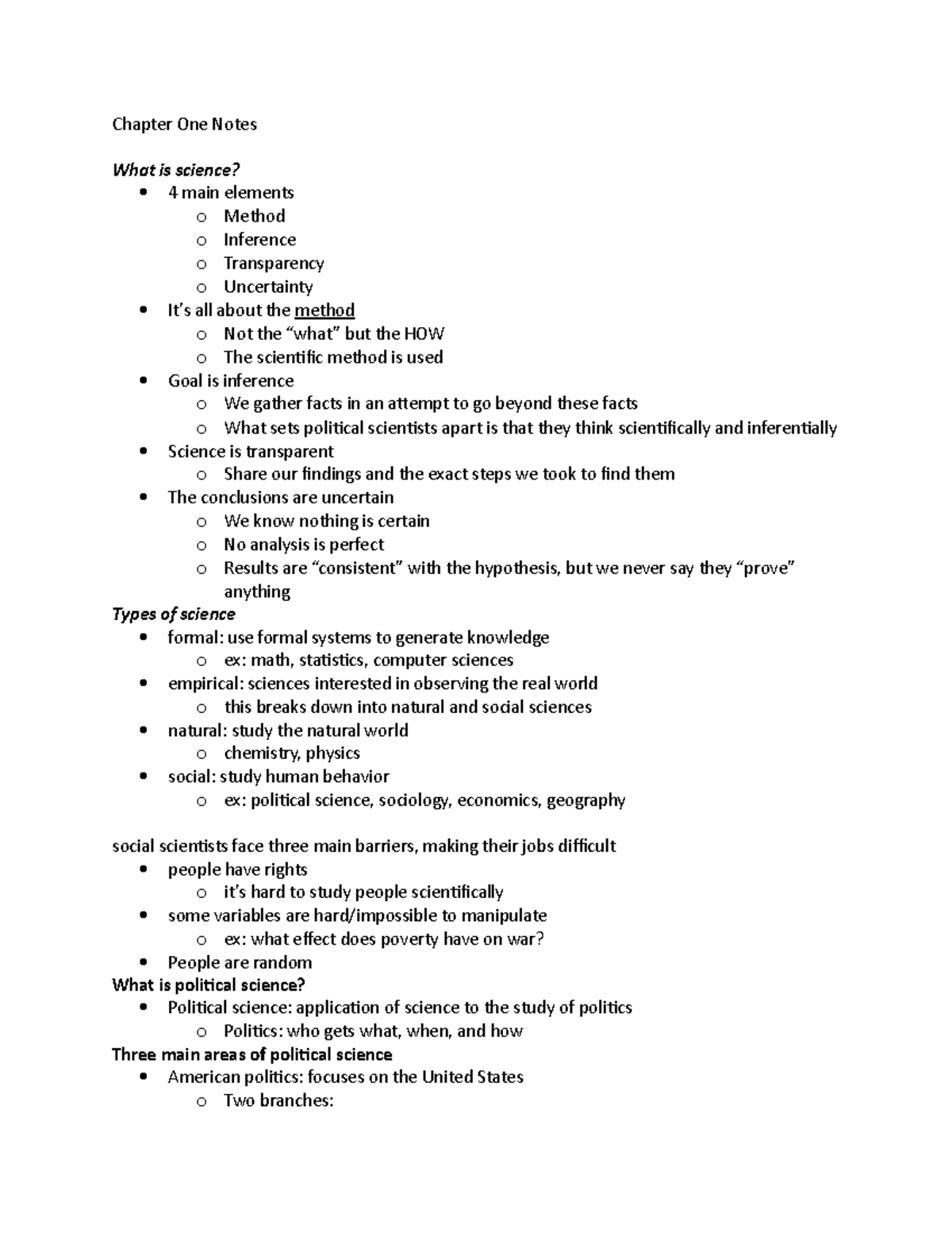 Chapter One Notes PS 372 - Chapter One Notes What is science? 4 main ...