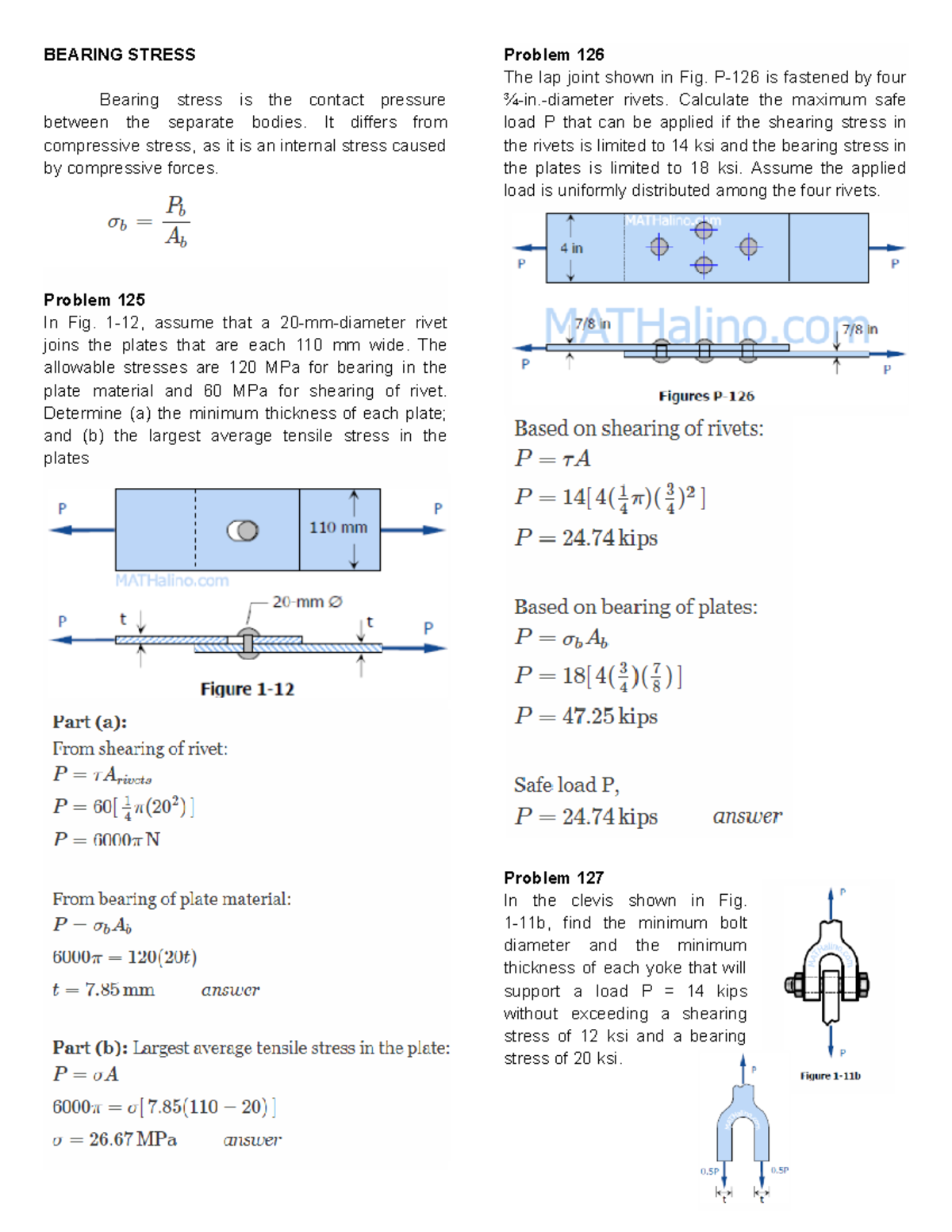 Bearing Stress - Lecture notes - BEARING STRESS Bearing stress is the ...