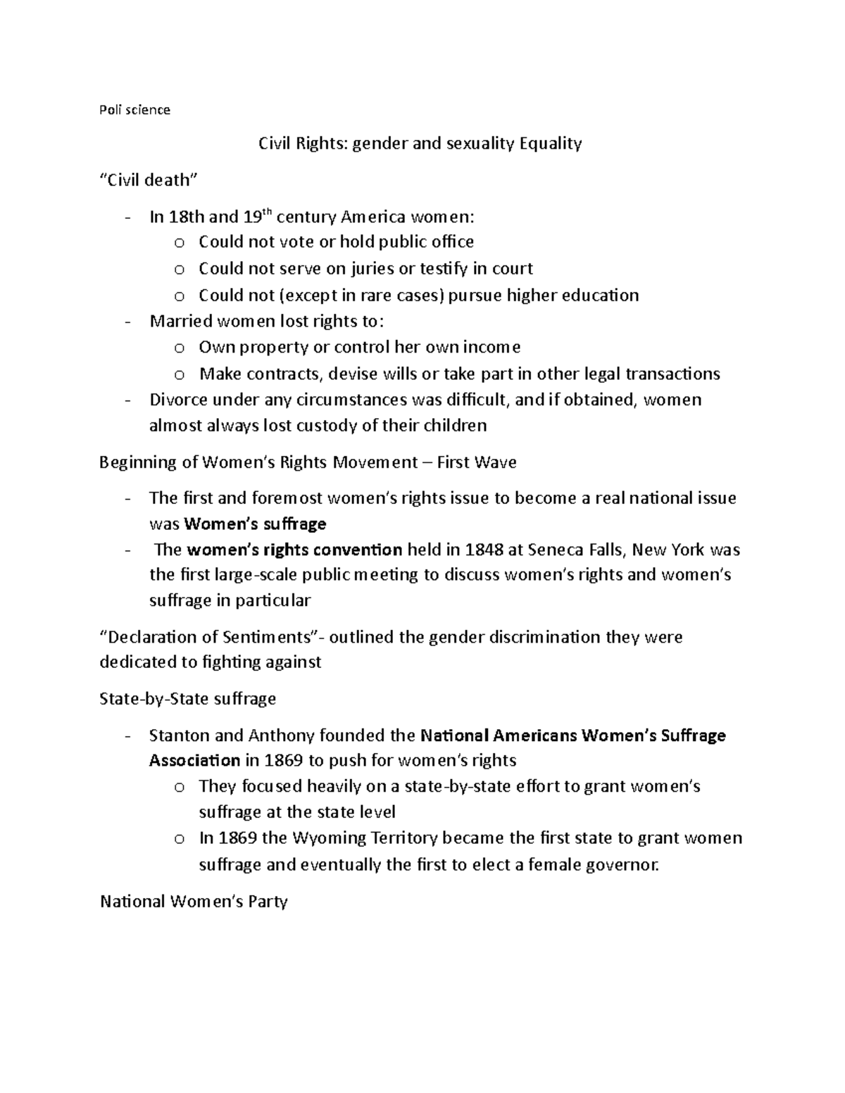 Poli sci 2-24-2022 - lecture notes - Poli science Civil Rights: gender ...