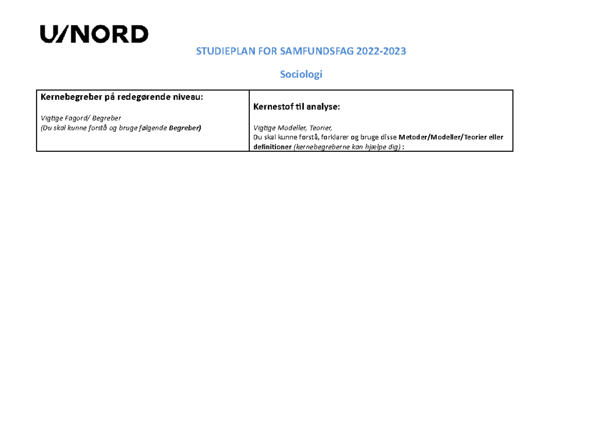 Studieplan sociologi 2022 2023 2 - STUDIEPLAN FOR SAMFUNDSFAG 2022 ...