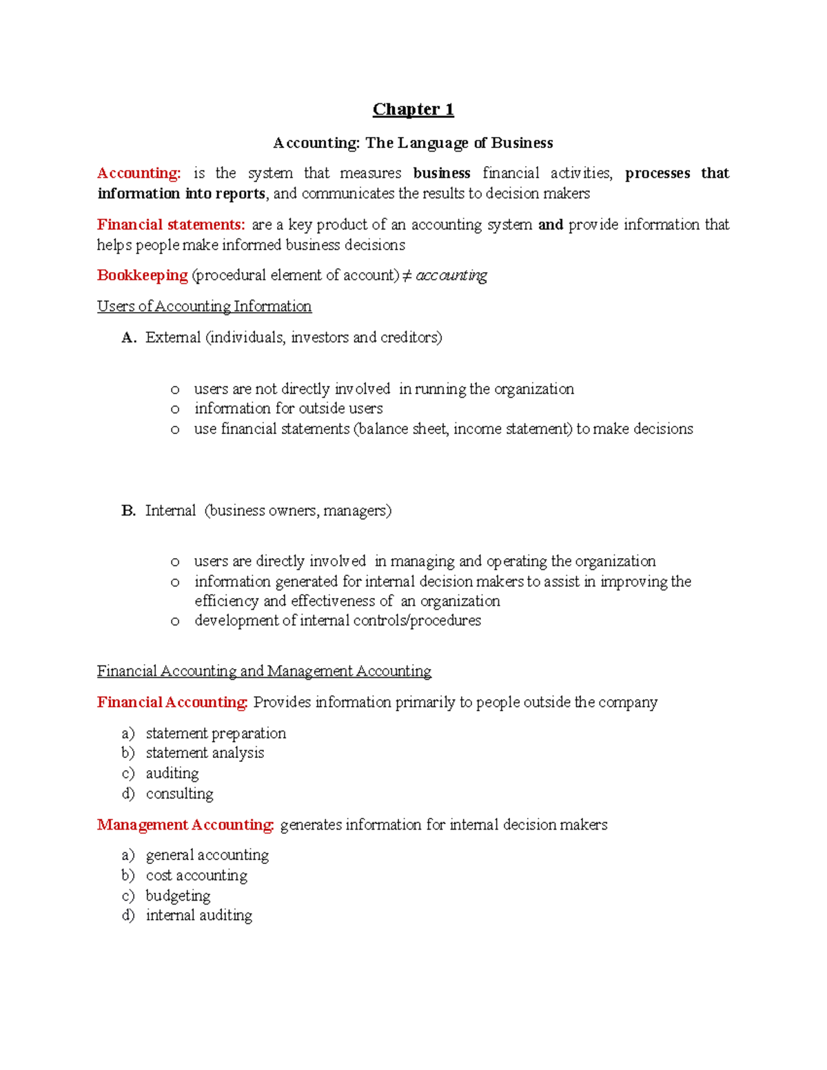 CH1 Notes Summary - Chapter 1 Accounting: The Language of Business ...