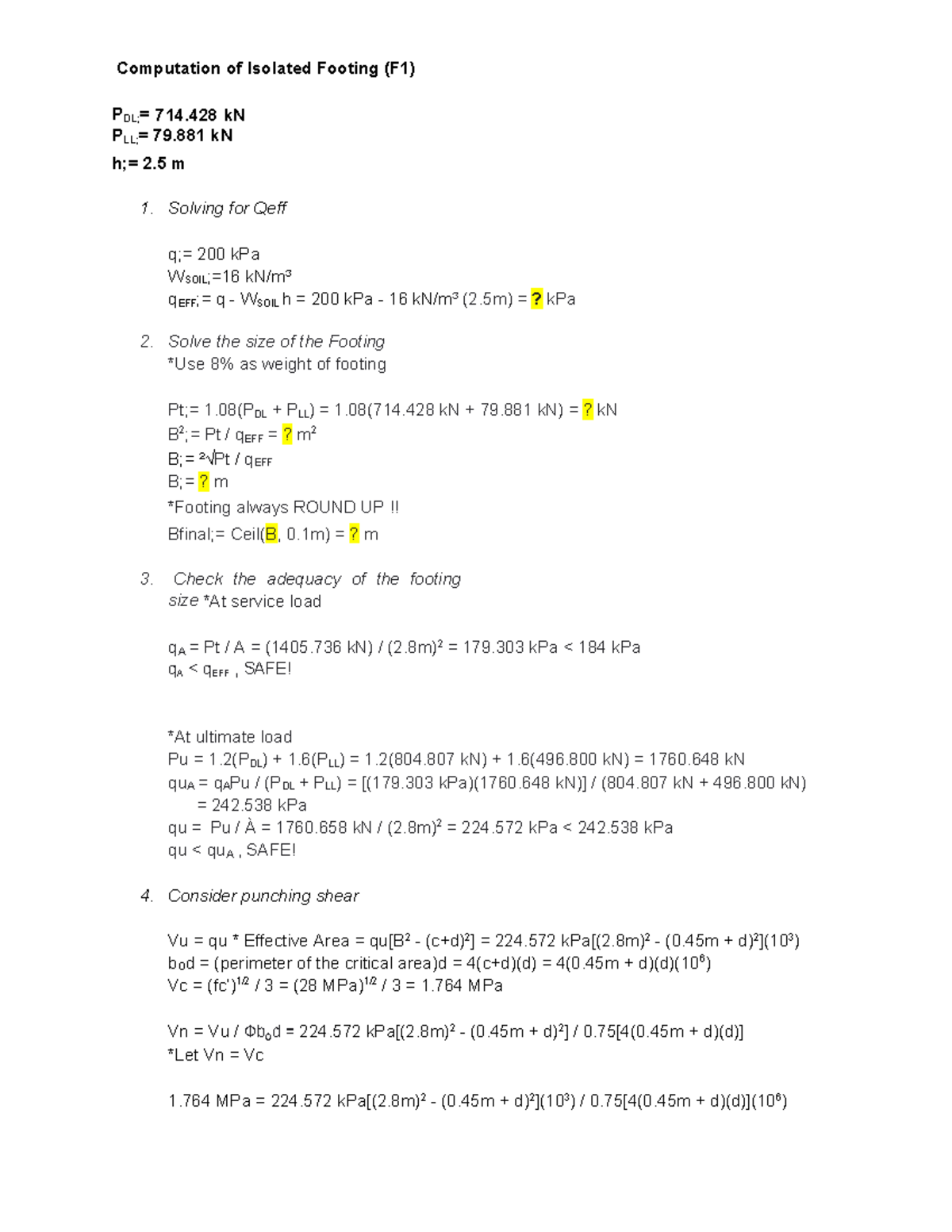 Computation of Footing - Computation of Isolated Footing (F1) PDL;= 714 ...