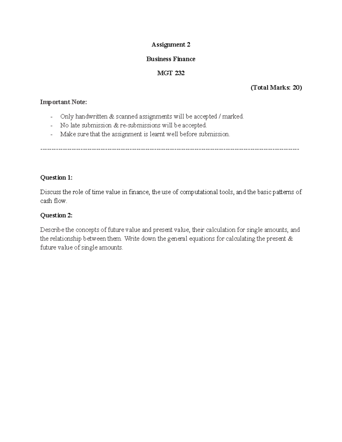 Assignment 2 BF FA24 - Assignment 2 Business Finance MGT 232 (Total ...