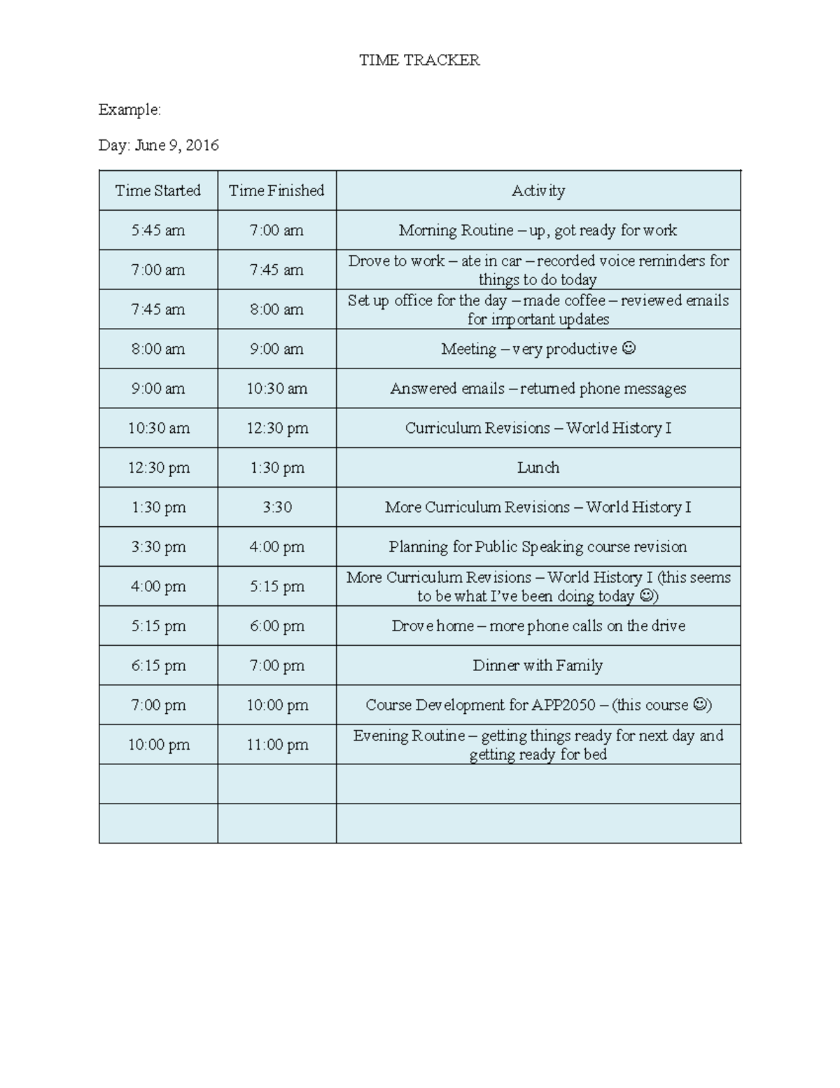 Time+Tracker+Worksheet - Example: Day: June 9, 2016 Time Started Time ...
