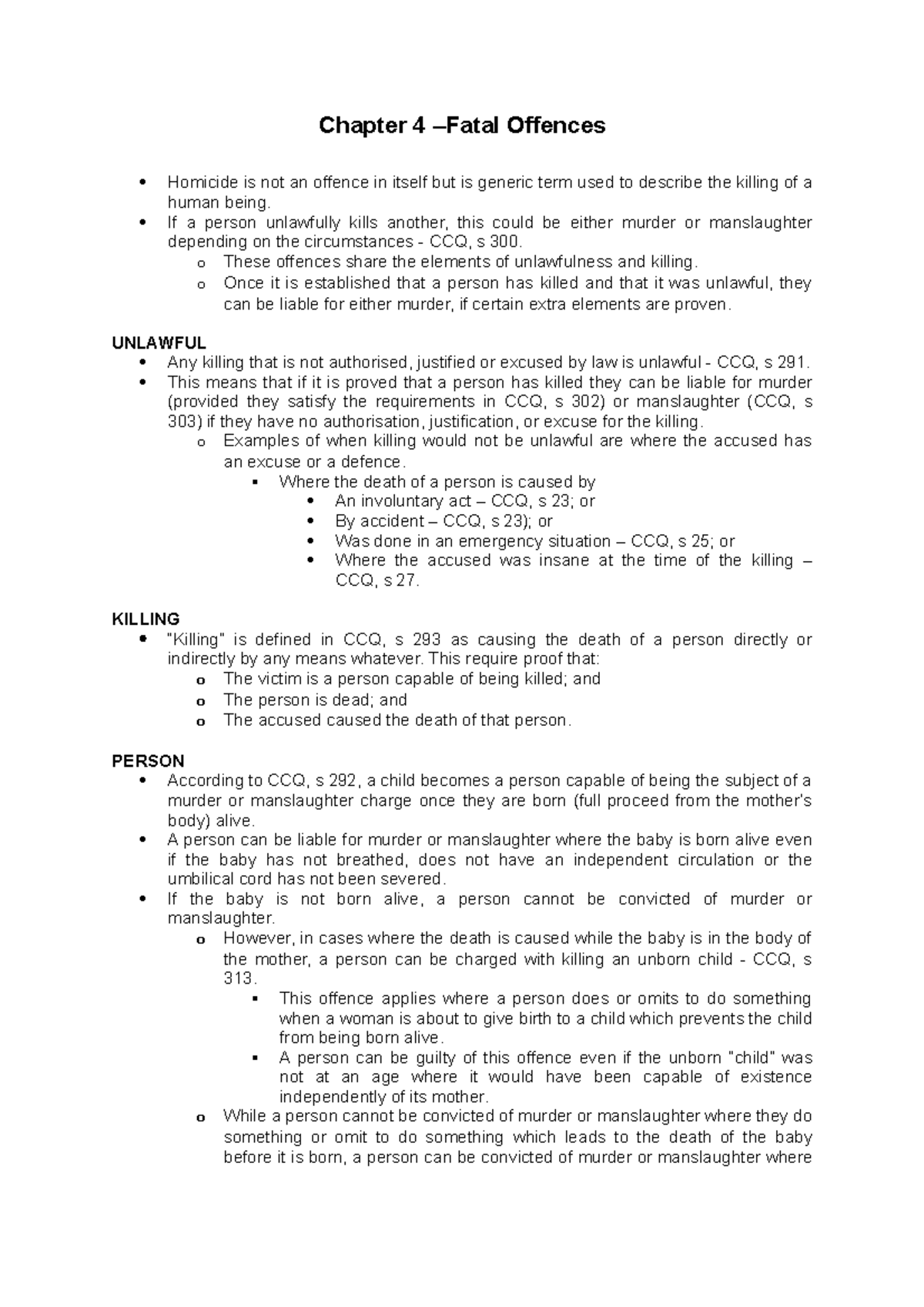(Week 5) - Chapter 4 - Fatal Offences (Notes) - Chapter 4 –Fatal ...