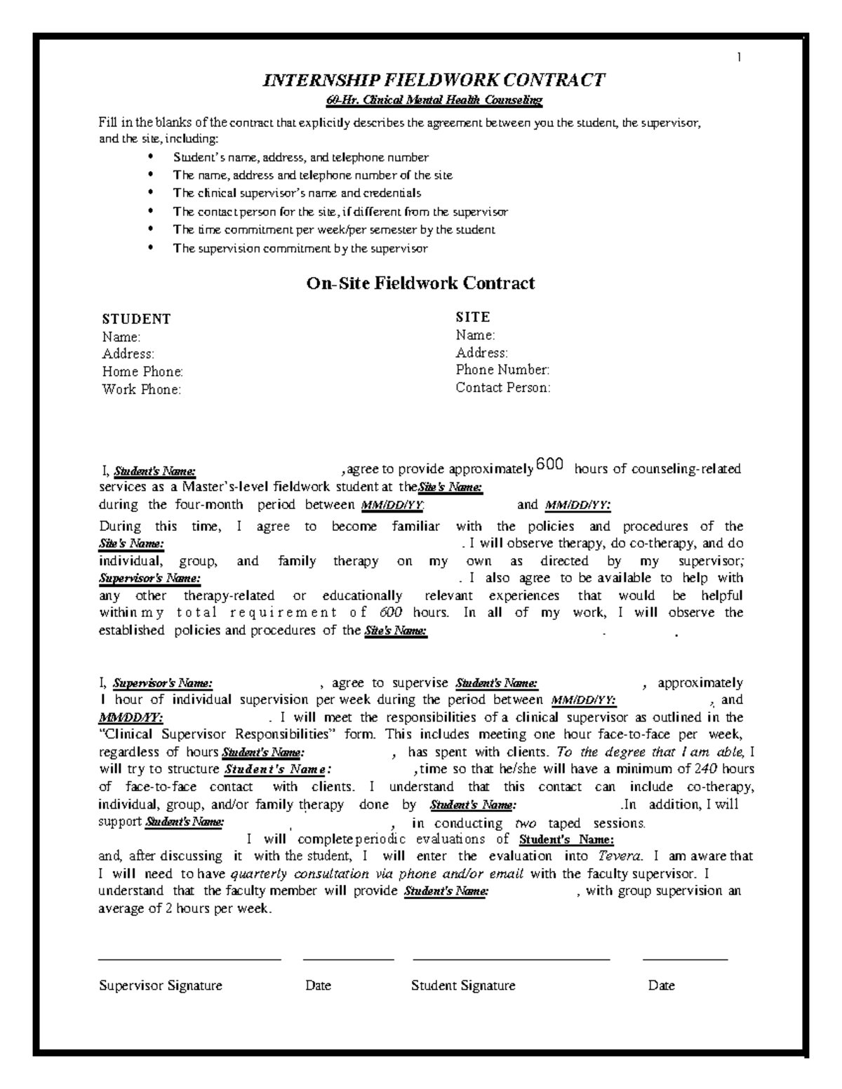 Online COUC693 694 Fieldwork Contract On Site - 1 INTERNSHIP FIELDWORK ...